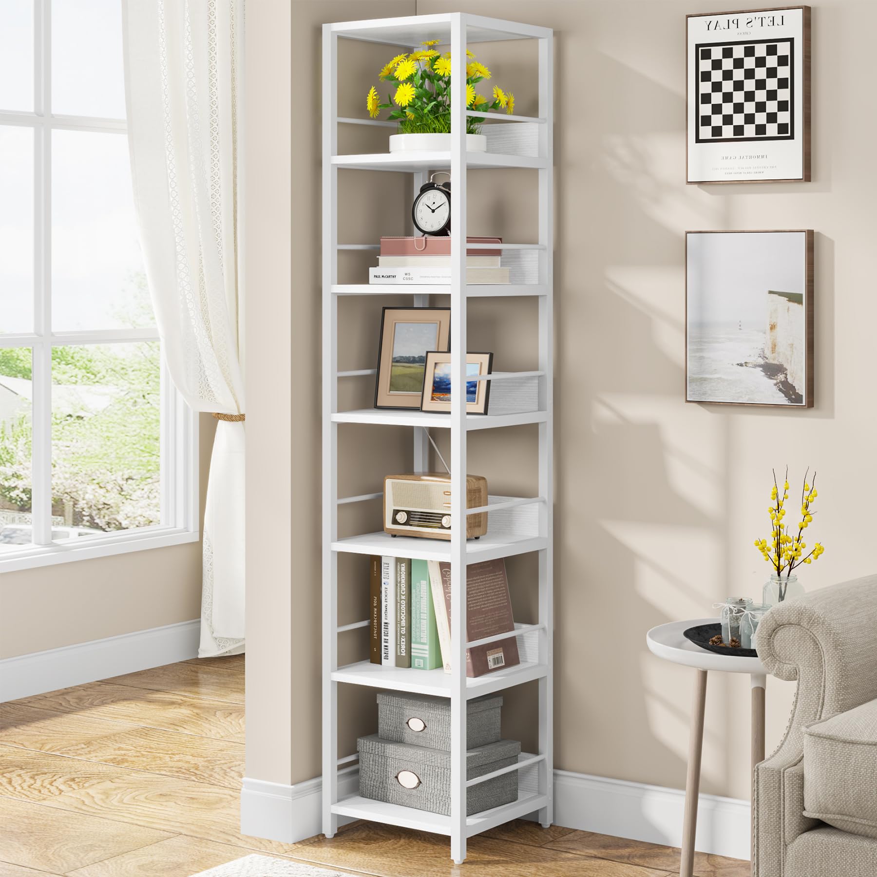 Tall Corner Shelf 6 Tier, Narrow Bookcase for Small Spaces, Open Square ...