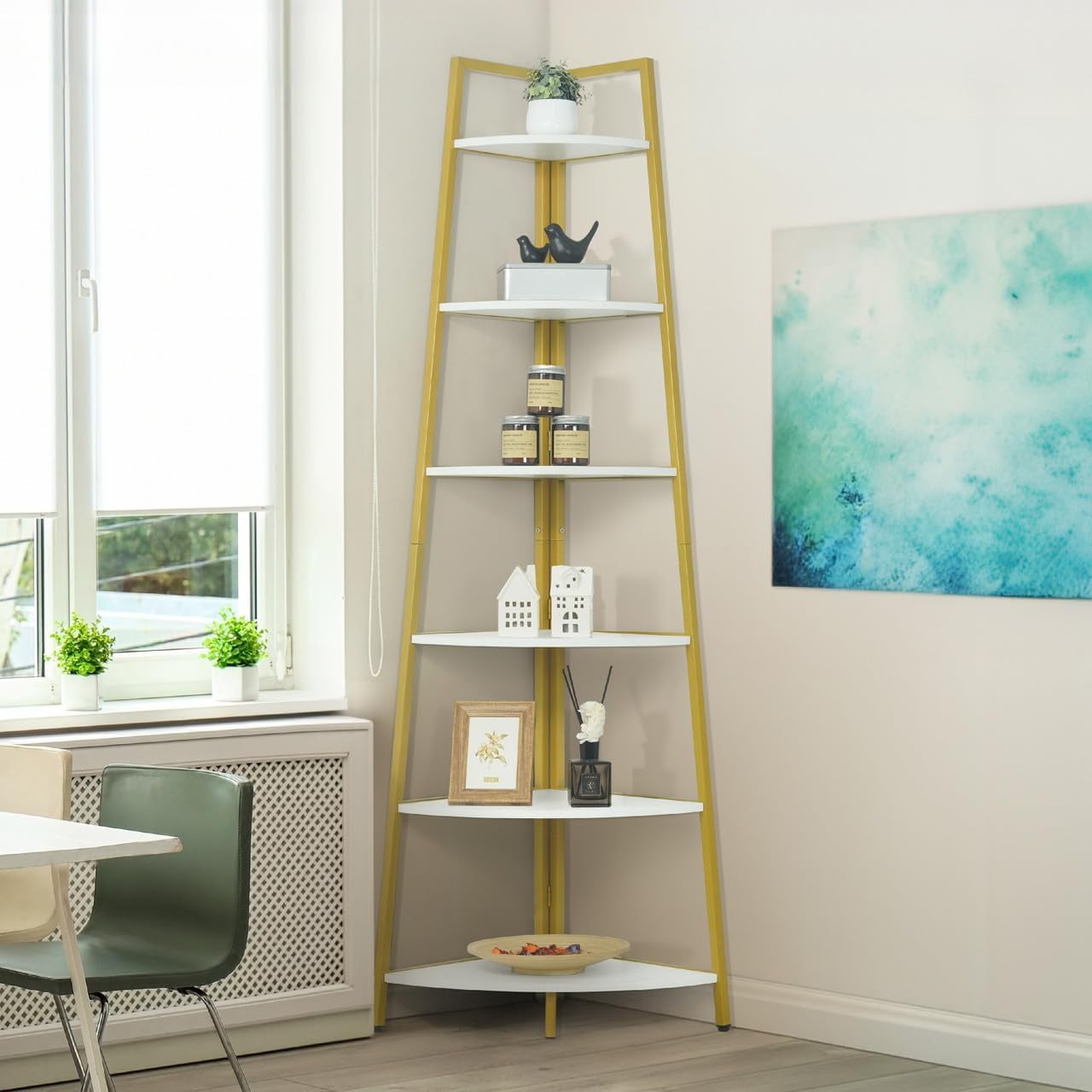 Tall Corner Shelf Stand, 6-Tier Display Shelves, Ladder Corner Wood ...