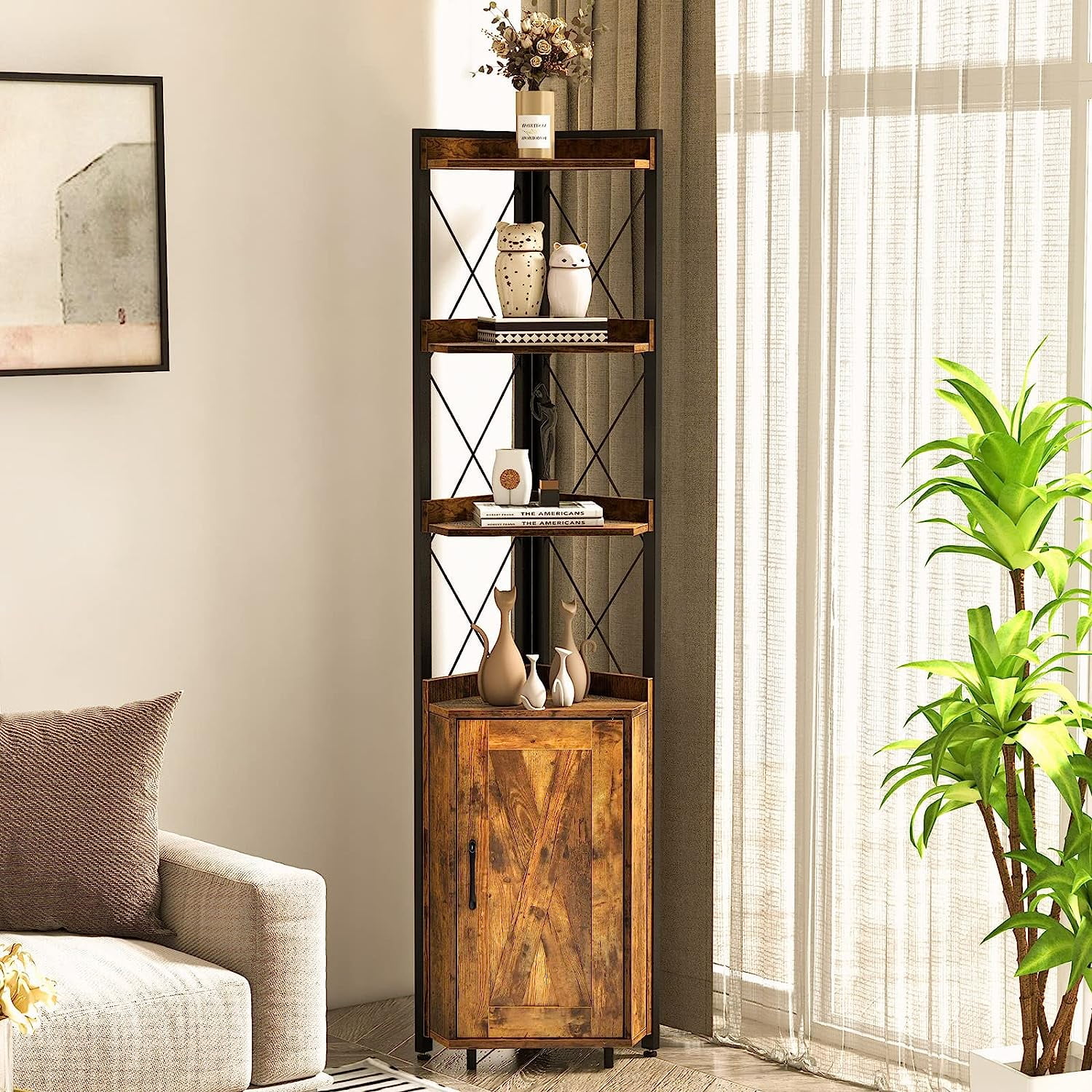 Tall Corner Storage Cabinet, 71” Industrial 4 Tier Storage Shelf w/Door ...