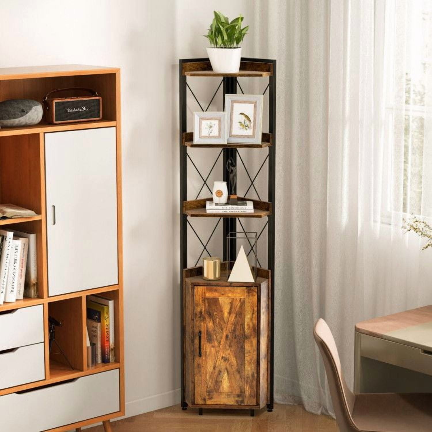 Tall Corner Storage Cabinet with 3-Tier Shelf and Enclosed Cabinet ...