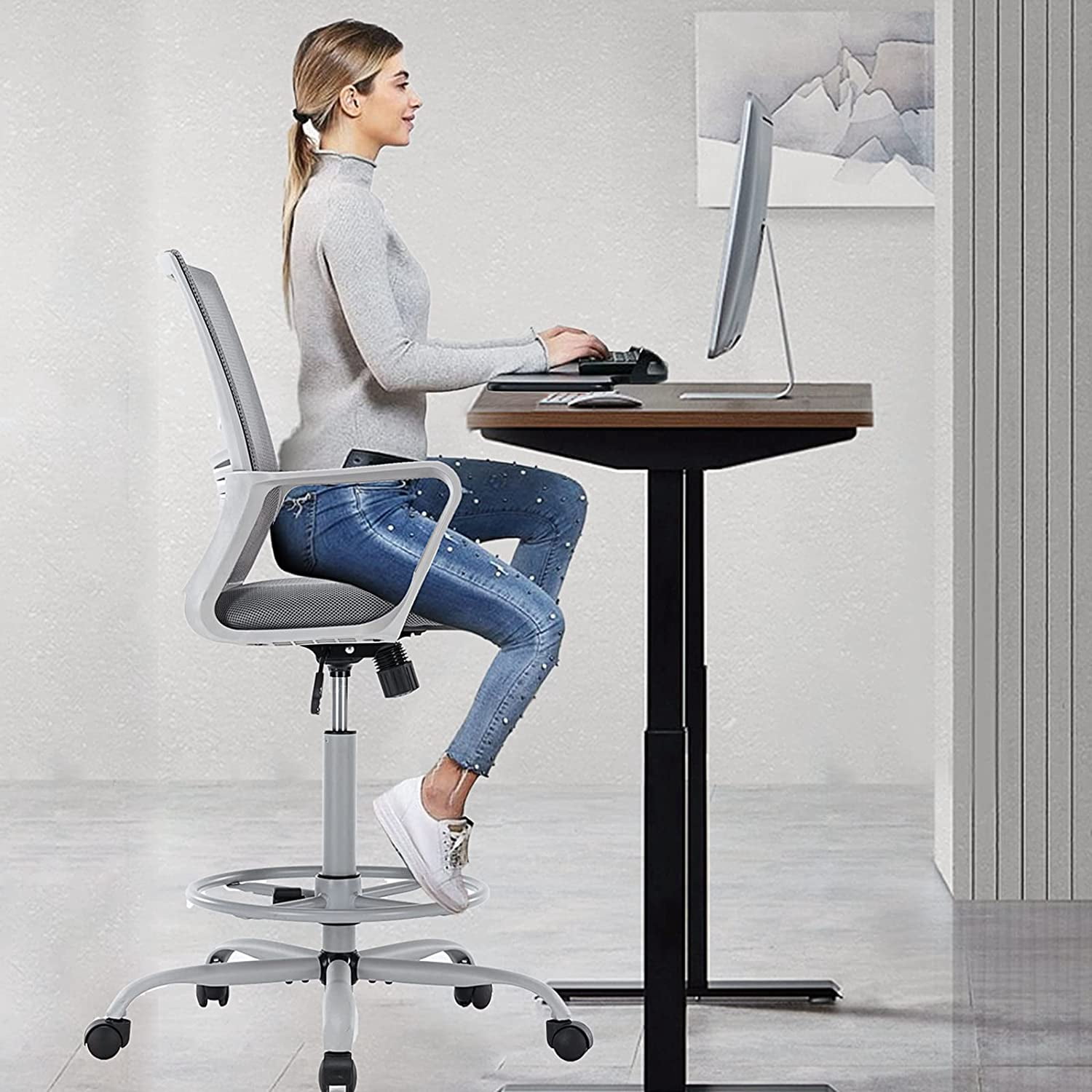 Tall Drafting Office Chair with Adjustable Footrest, Ergonomic Lumbar ...