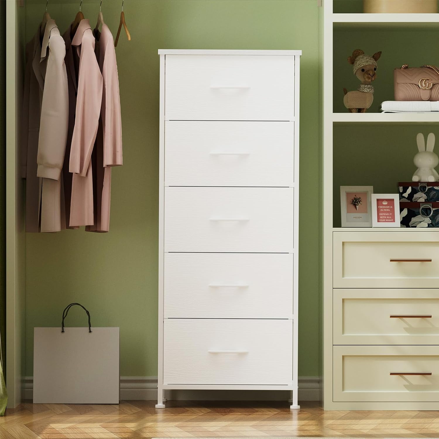 Tall Dresser with 5 Drawers, White Dresser for Bedroom, Tall Storage ...