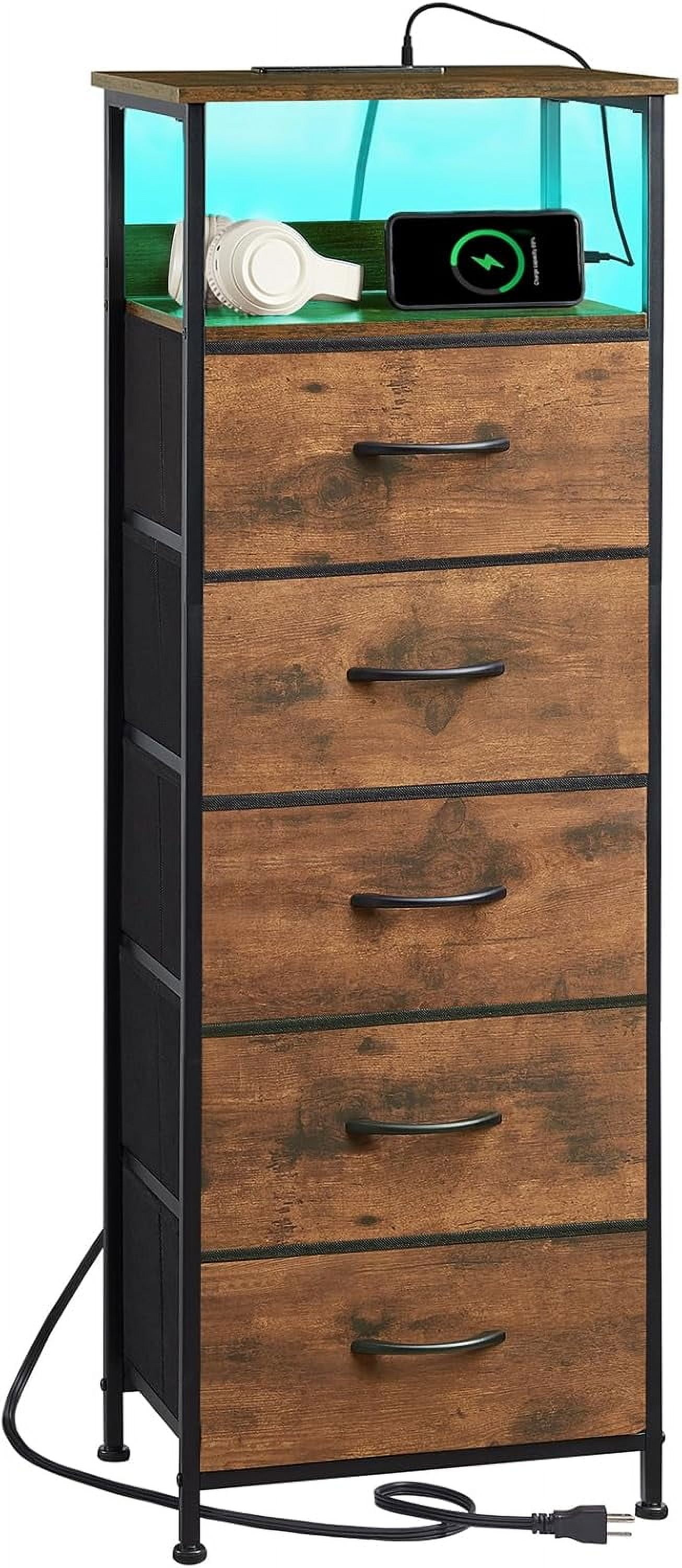 Tall Dresser with Charging Station and LED Light for Bedroom, 5 Drawers ...