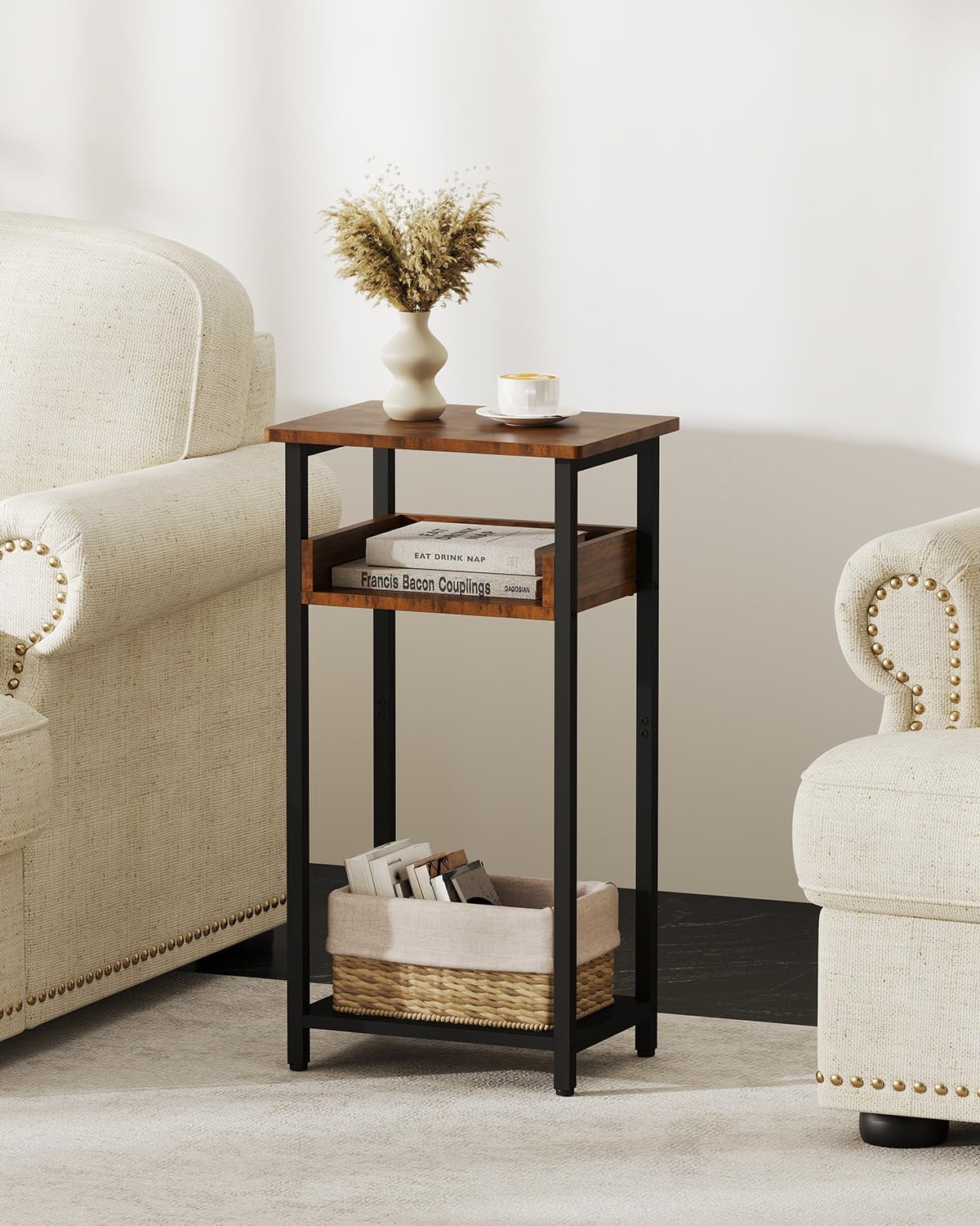 Tall End Table, 30 Inch High Side Table, Rustic Brown Small Entryway ...