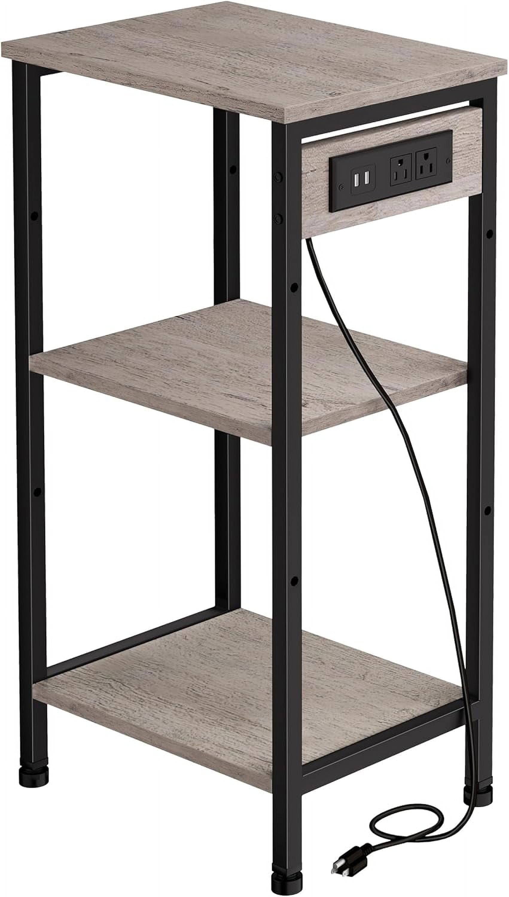 Tall End Table with Charging Station, 3 Tier Narrow Beside Table with ...