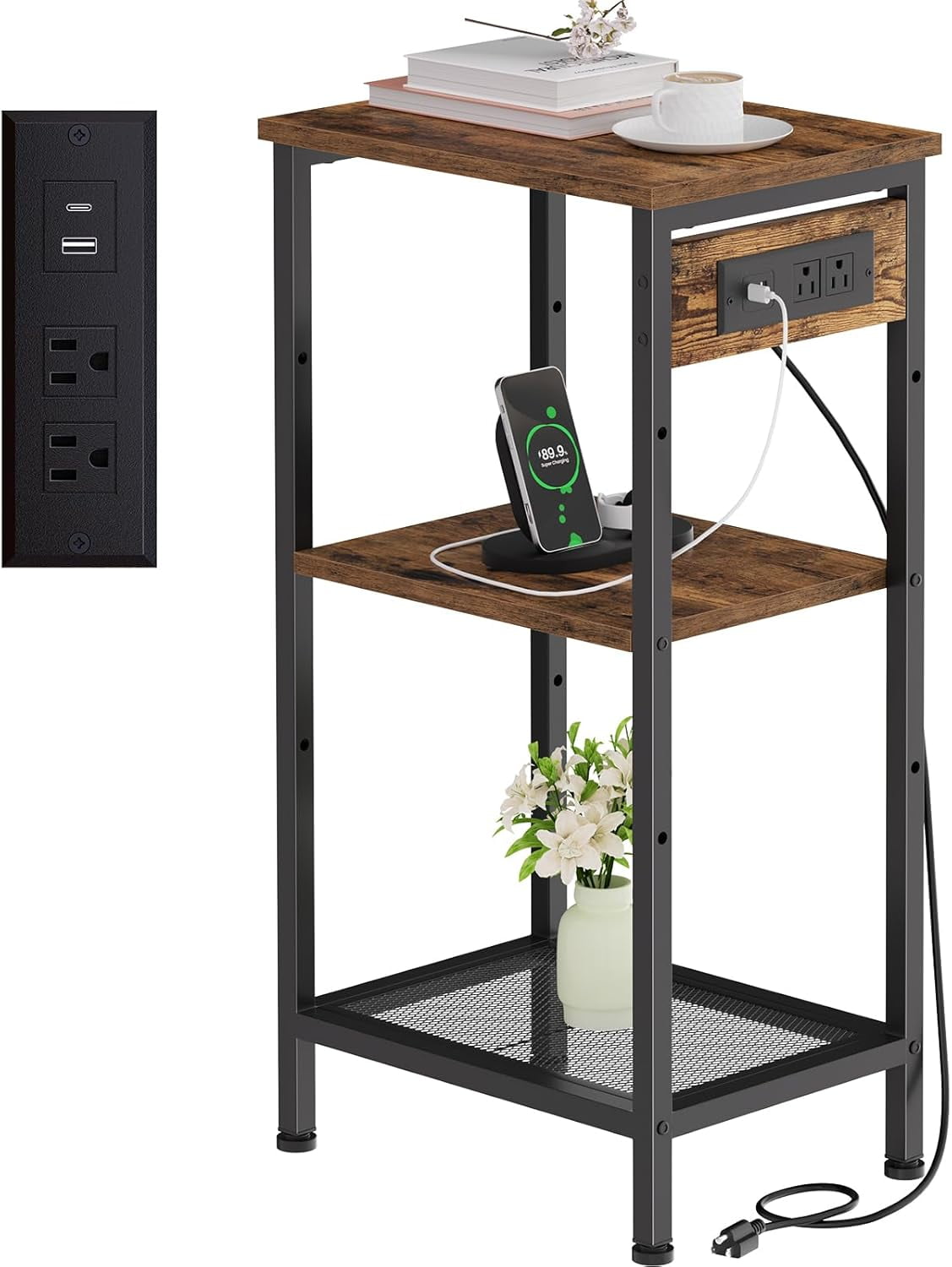Tall End Table with Fast Charging Station, 3 Tier Narrow Side Table ...