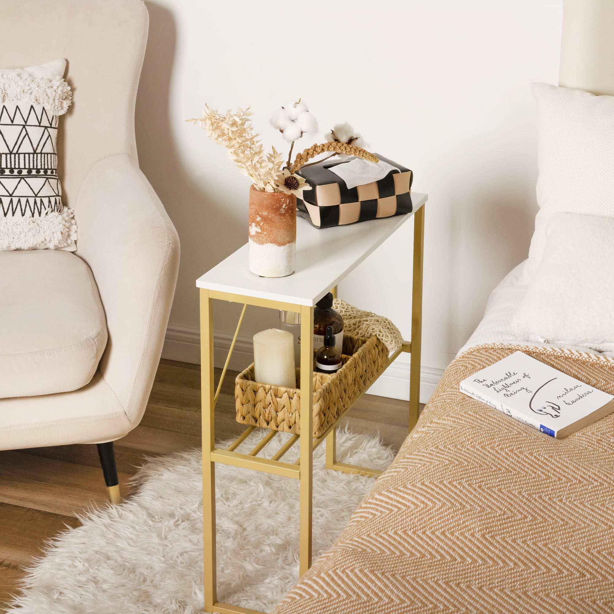 Tall End Table, Narrow Side Table with Storage Shelve, White - Walmart.com