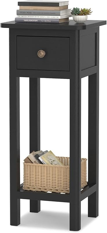 Tall End Table Set of 2, Narrow Side Table with Drawer and Shelf, Acacia Wood Nightstand for ...