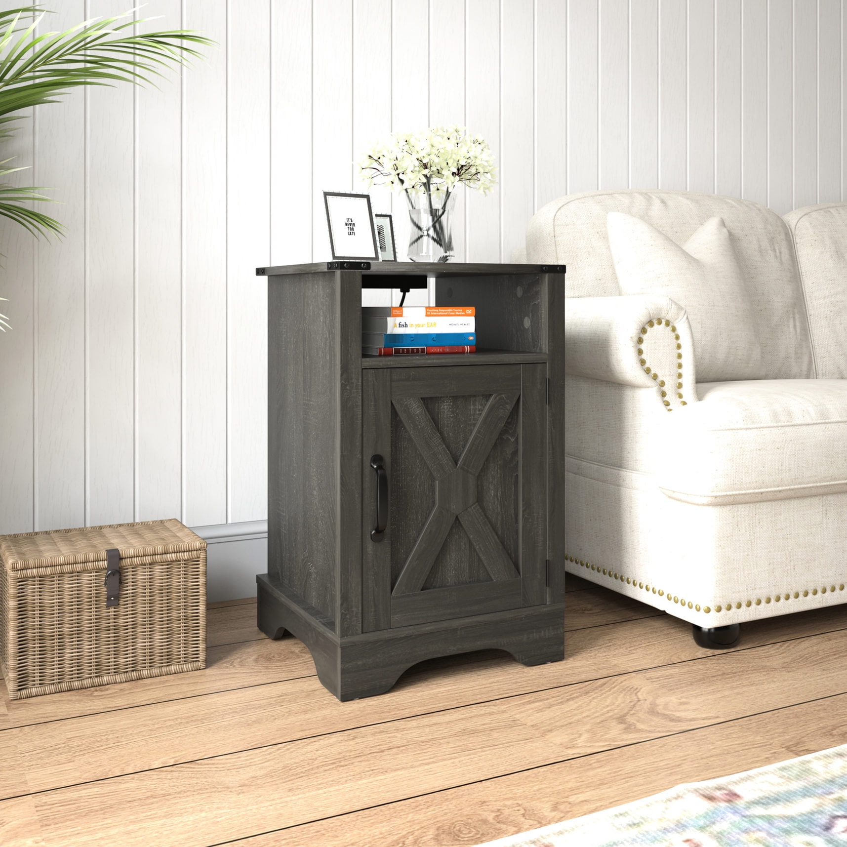 Tall End Table with Electrical Charger, Open Storage Shelf / Secure ...