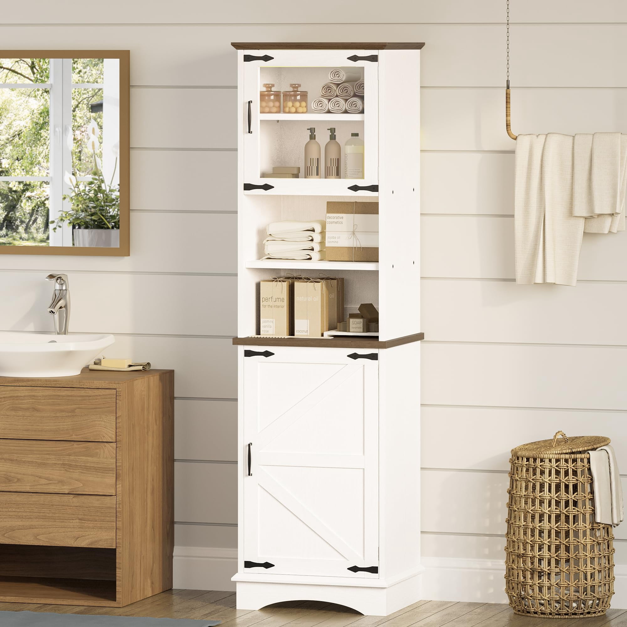 Tall Farmhouse Bathroom Cabinet, LED Lighted Storage Tower Adjustable ...