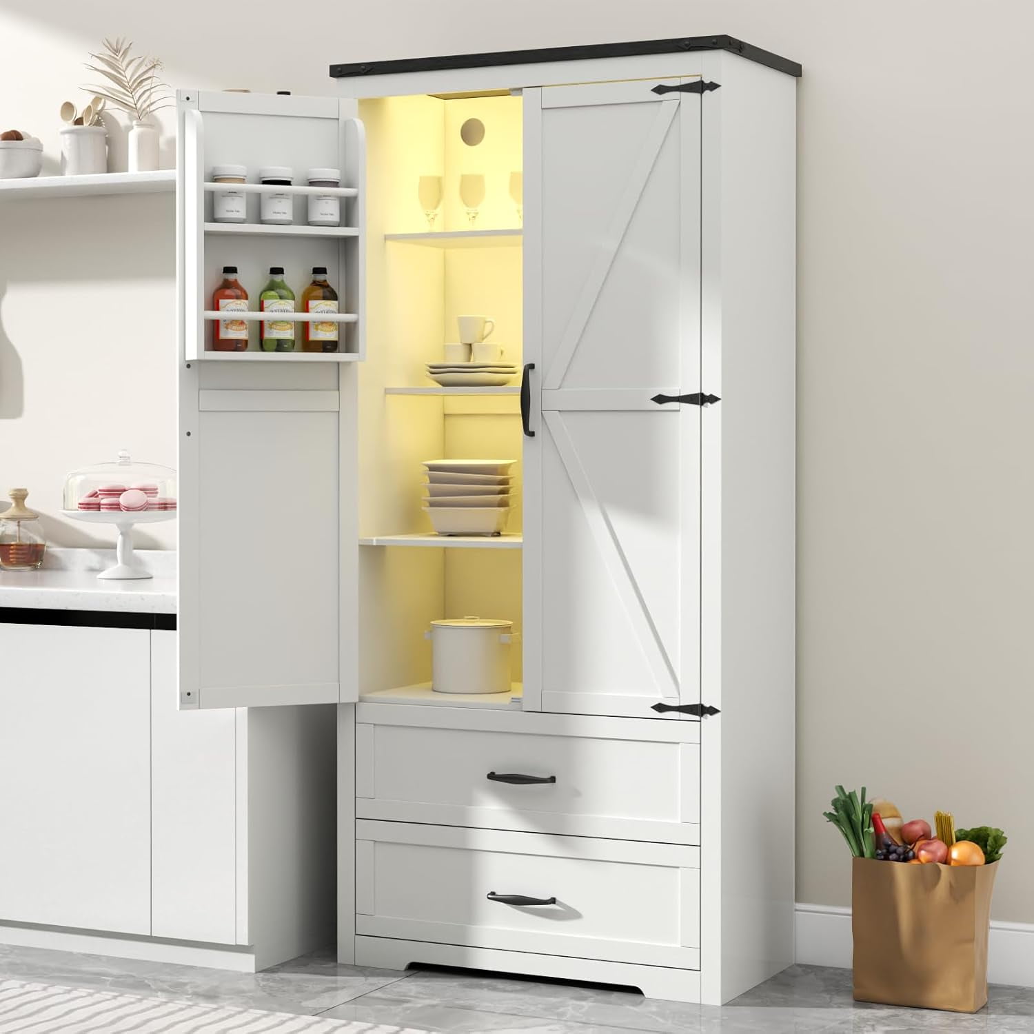 Tall Farmhouse Kitchen Cabinet with Sensor Light, Food Pantry Cabinet ...