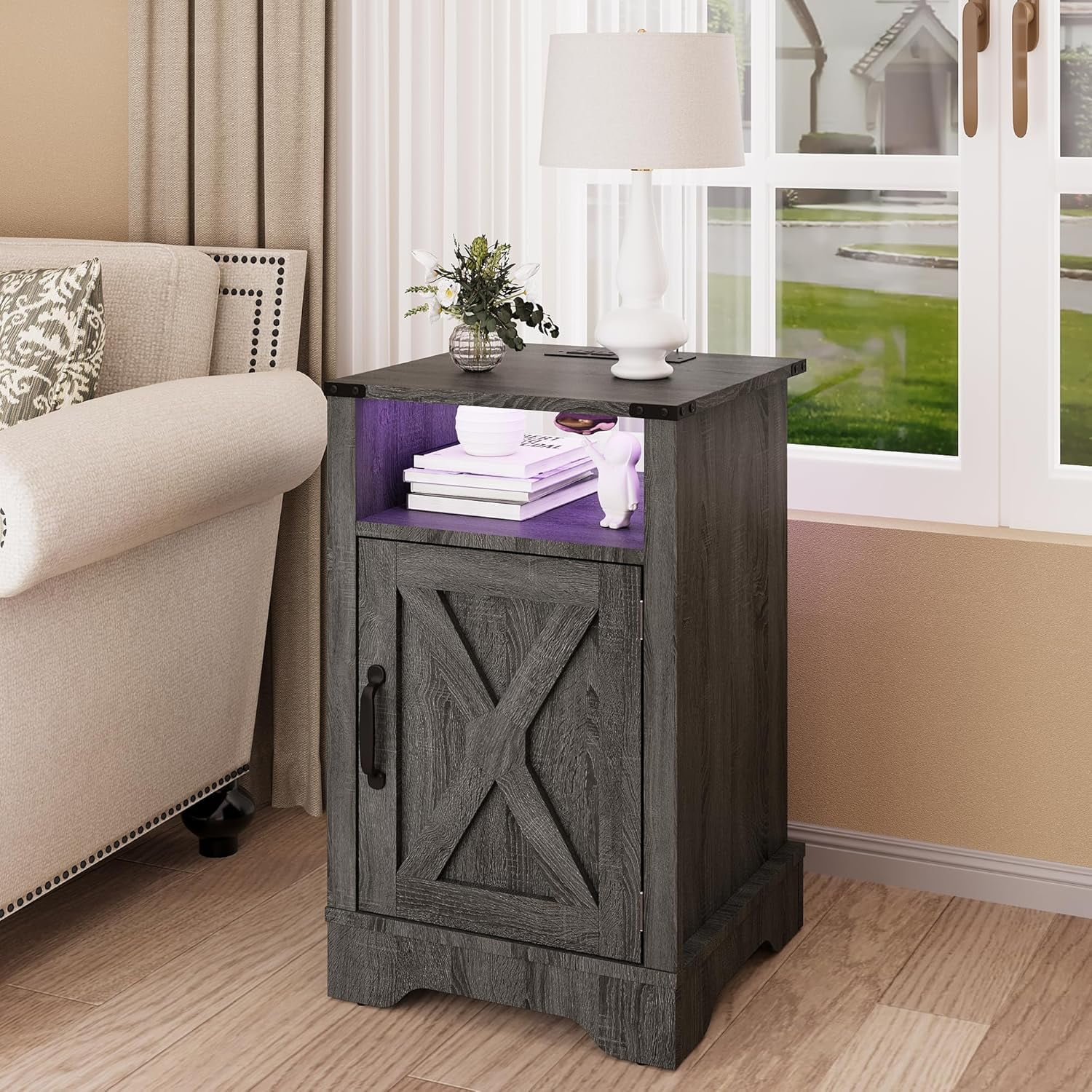 Tall Farmhouse Nightstand with Charging Station End for Living Room ...