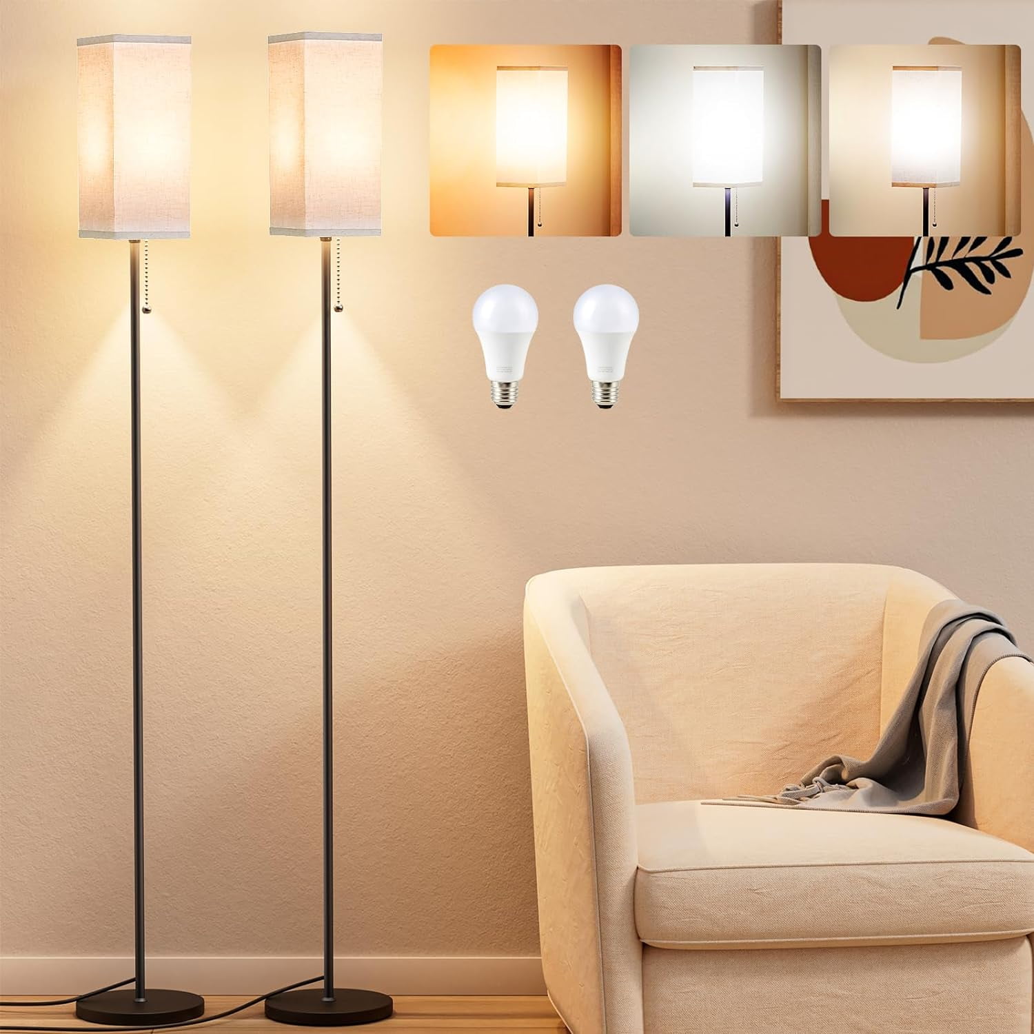 Tall Floor Lamp Set of 2 with Linen Shade - 3 Color Temperature, Black ...
