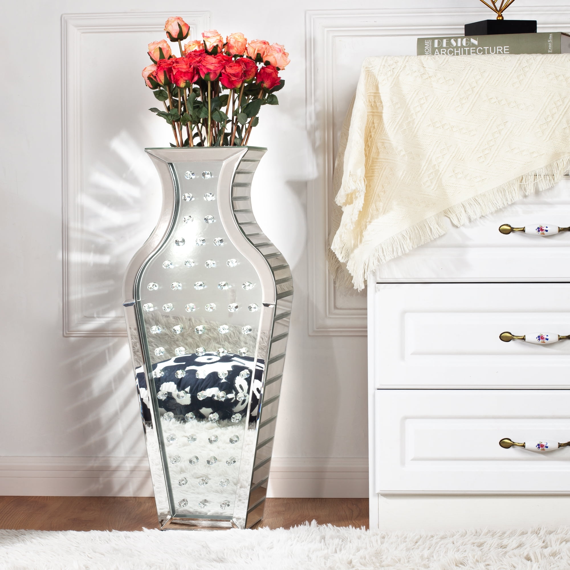Glam Living Room Decor - Large Silver Glass Floor Vase with Mirrored ...