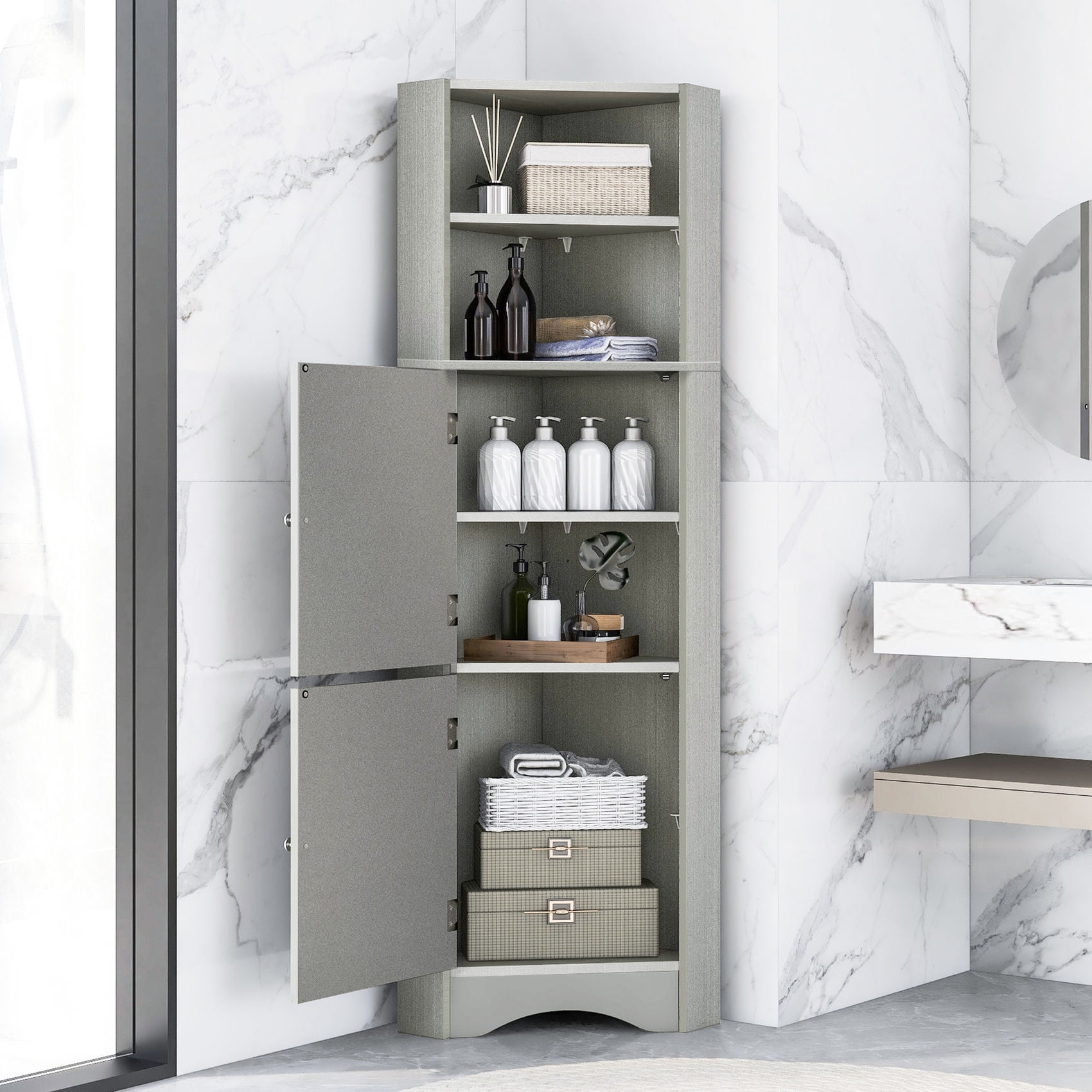 Tall Gray Corner Cabinet with Doors and Adjustable Shelves for Bathroom ...