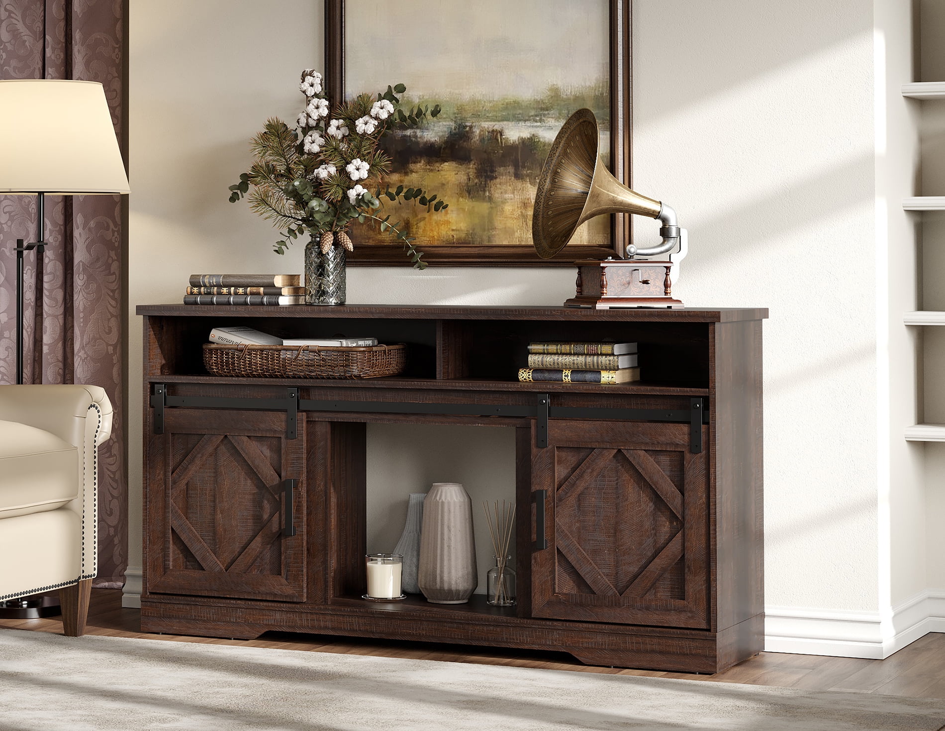 Tall Highboy TV Stand with Sliding Doors for TVs up to 65", Brown ...