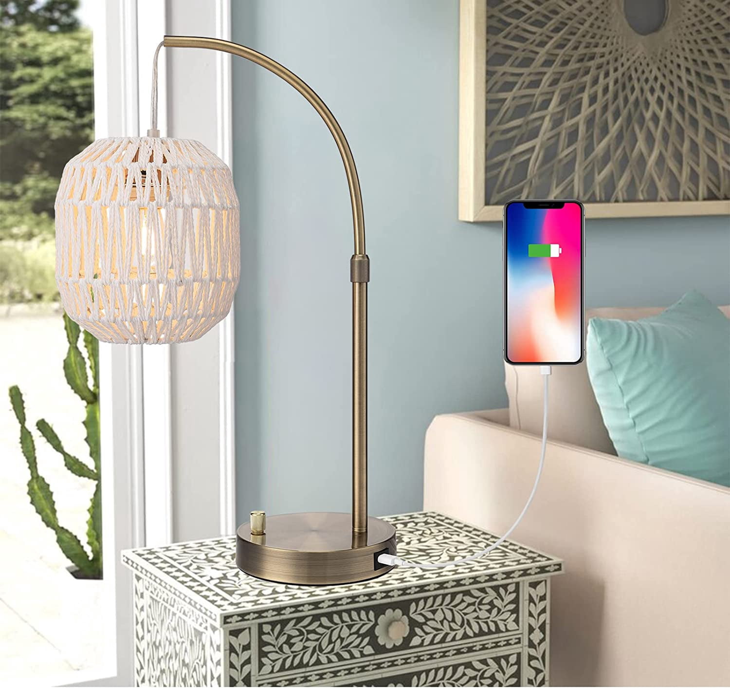 Tall Industrial Gold Rattan Table Bedside Lamp for Bedroom with USB ...