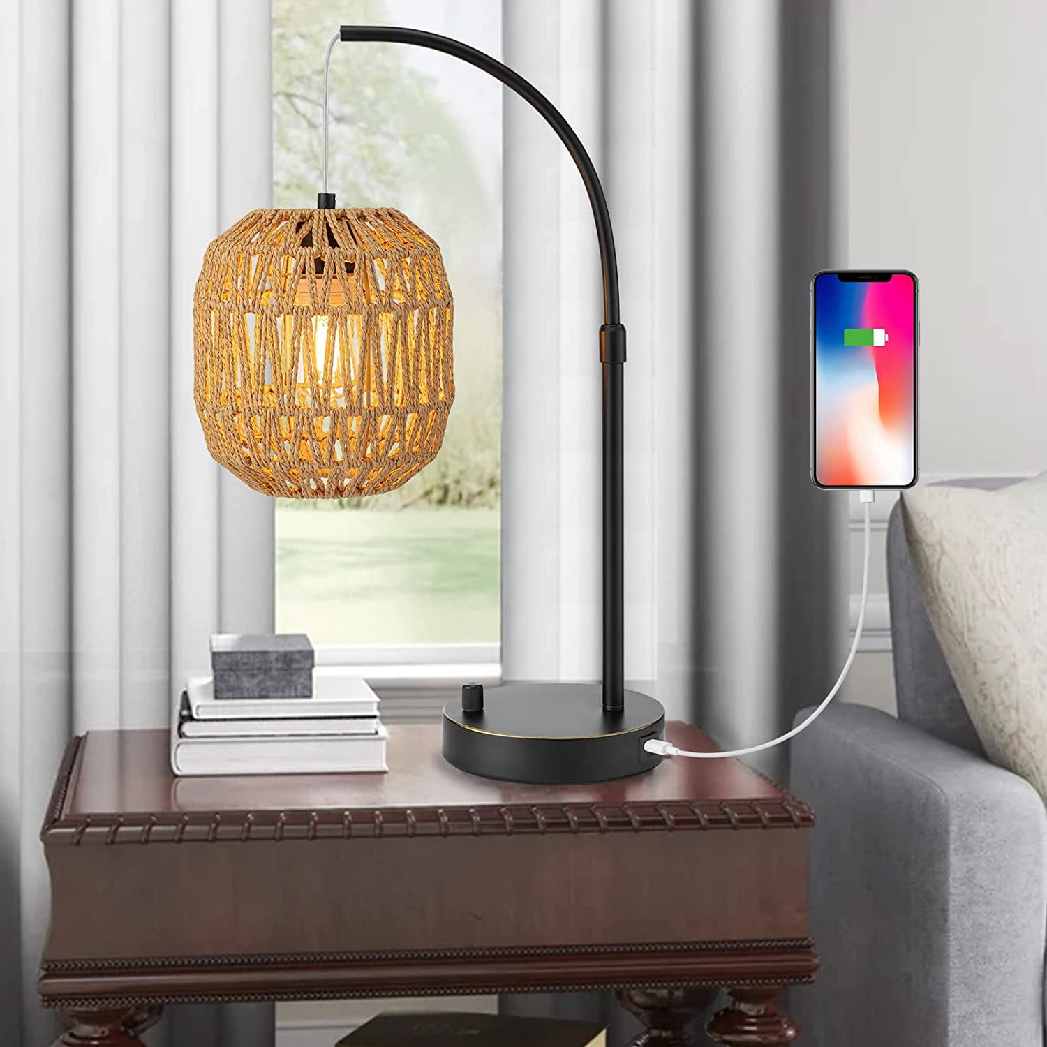 Tall Industrial Table Lamp for Bedroom with USB Port, Charging Farmhouse Coastal Lamps Black ...