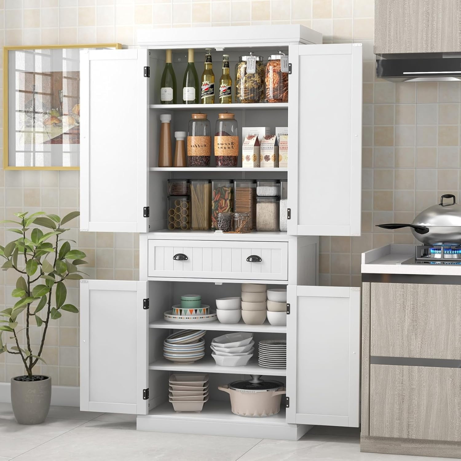 DORTALA Tall Kitchen Pantry Cabinet, Wood Storage Cupboard with Shelves ...