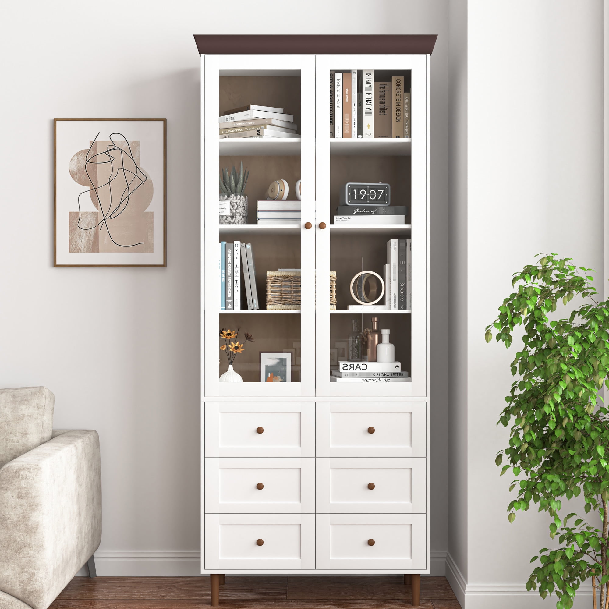Tall Kitchen Pantry Cabinets - White With Adjustable Shelves And Tinted-vision Glass Doors ...