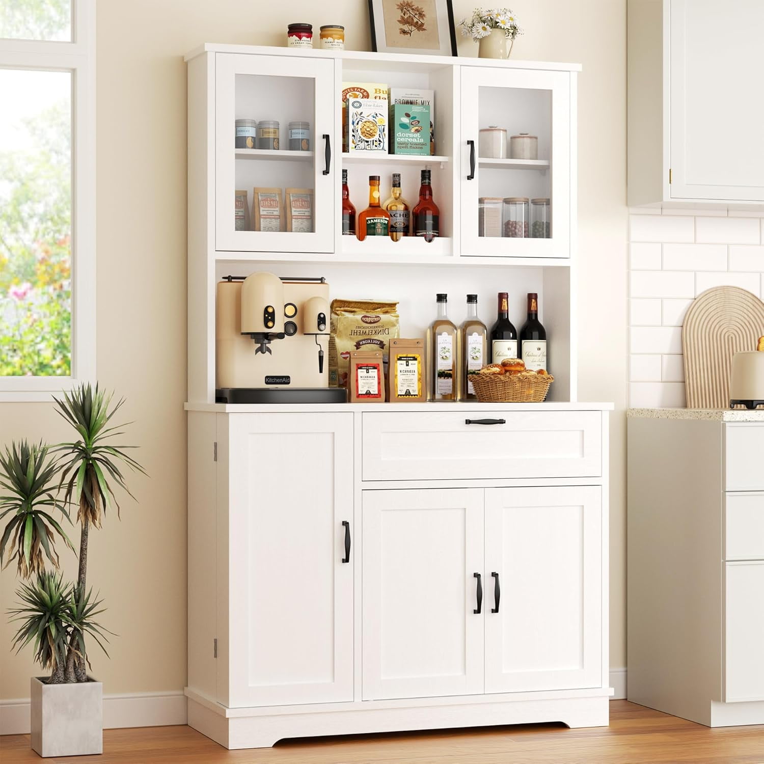 Tall Kitchen Pantry, Food Storage Pantry Cabinet with Hutch and ...