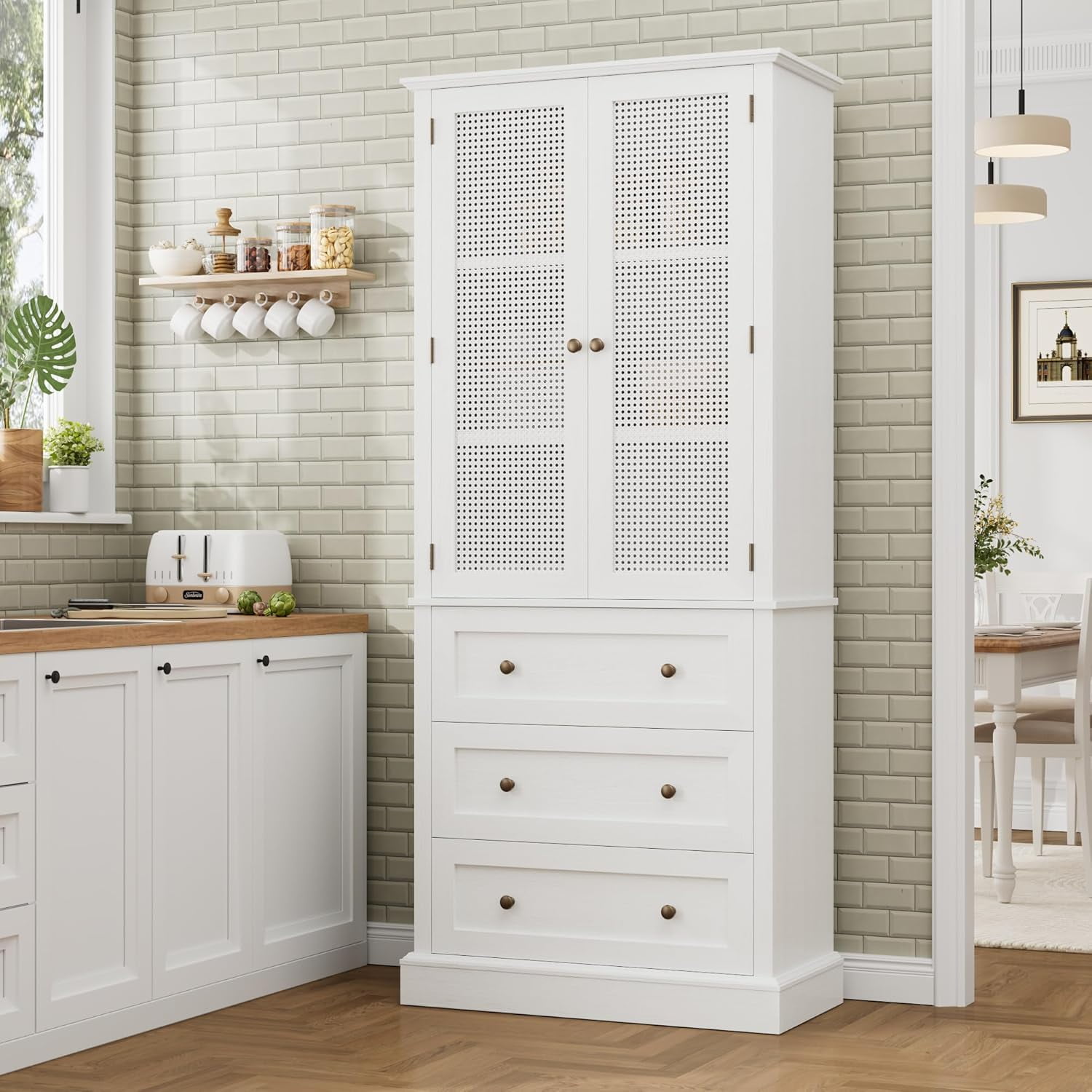 Tall Kitchen Pantry, Rattan Doors Pantry Cabinet with Drawers and ...