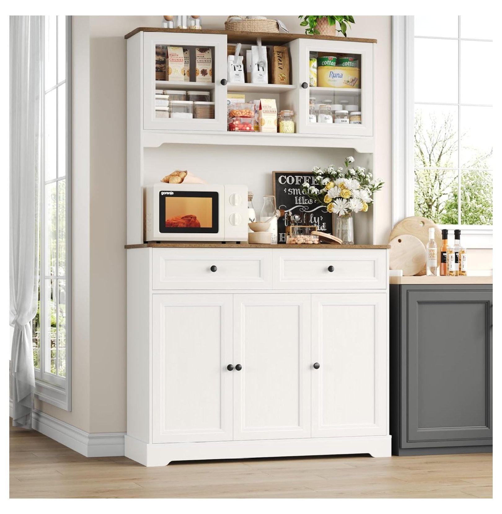 Tall Kitchen Pantry Storage Cabinet, Kitchen Hutch with Countertop and ...