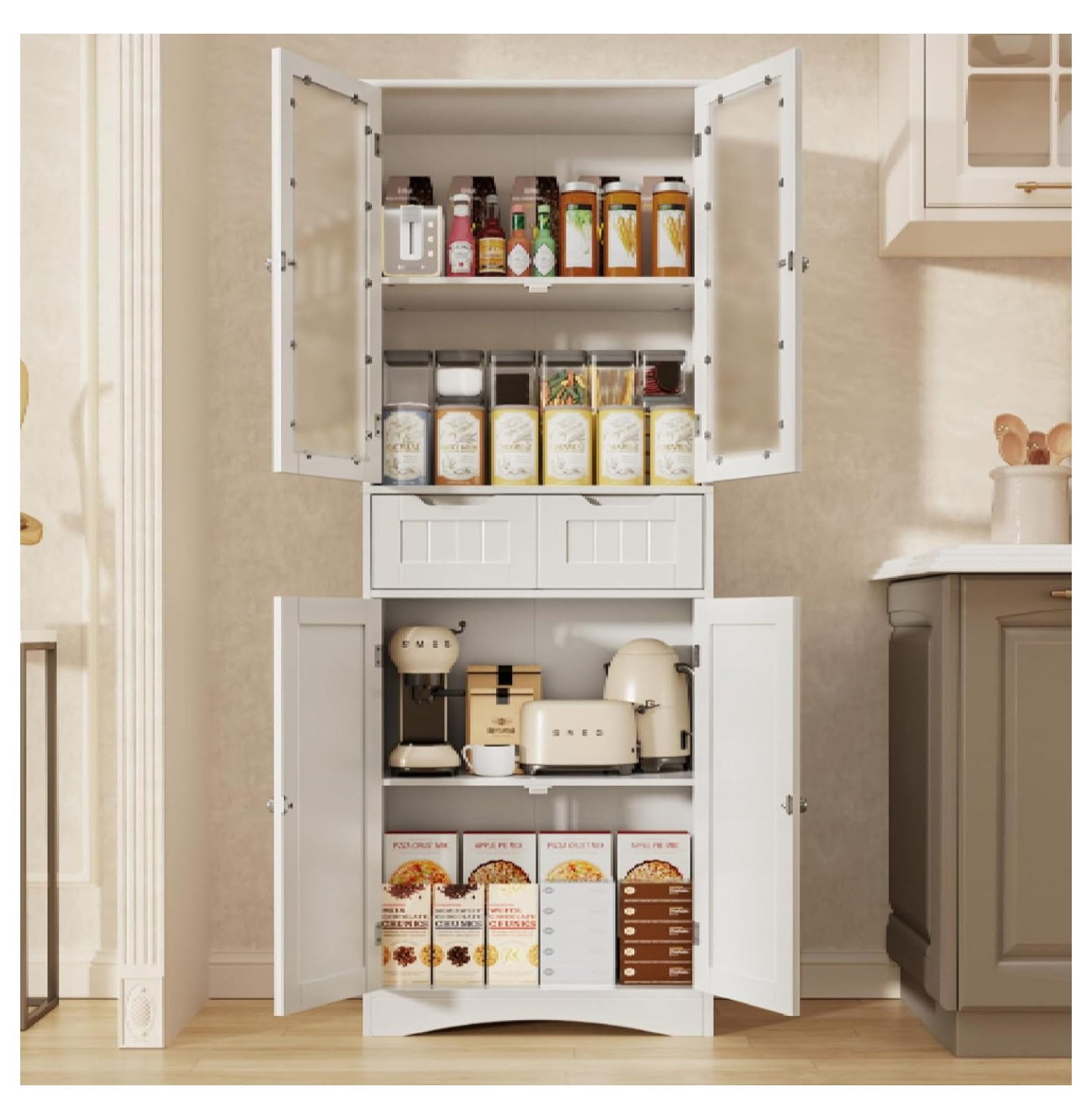 Tall Kitchen Storage Cabinet with 2 Drawers, Freestanding Pantry ...
