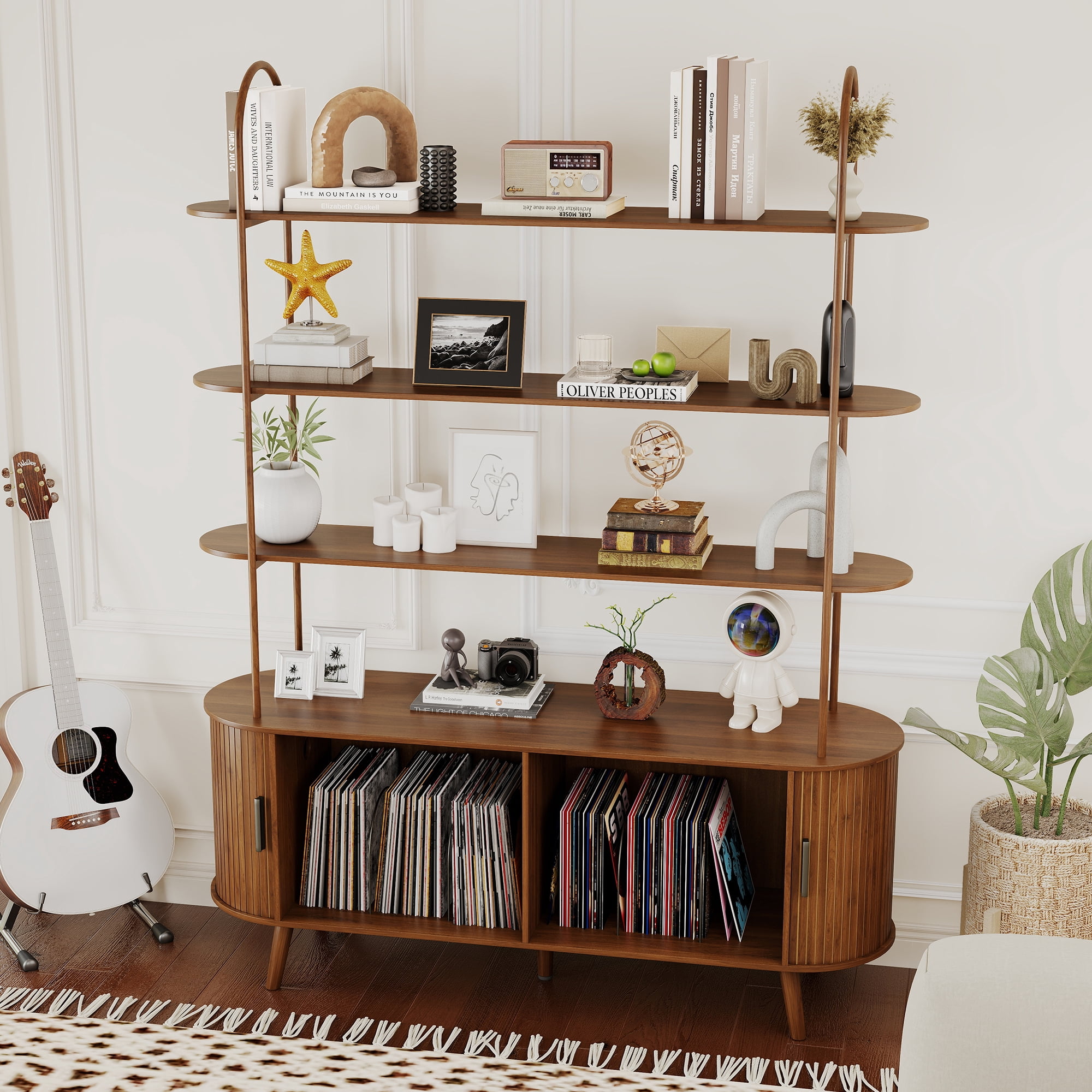 Tall Large Vinyl Record Player Stand Bookshelf Mid Century Modern ...