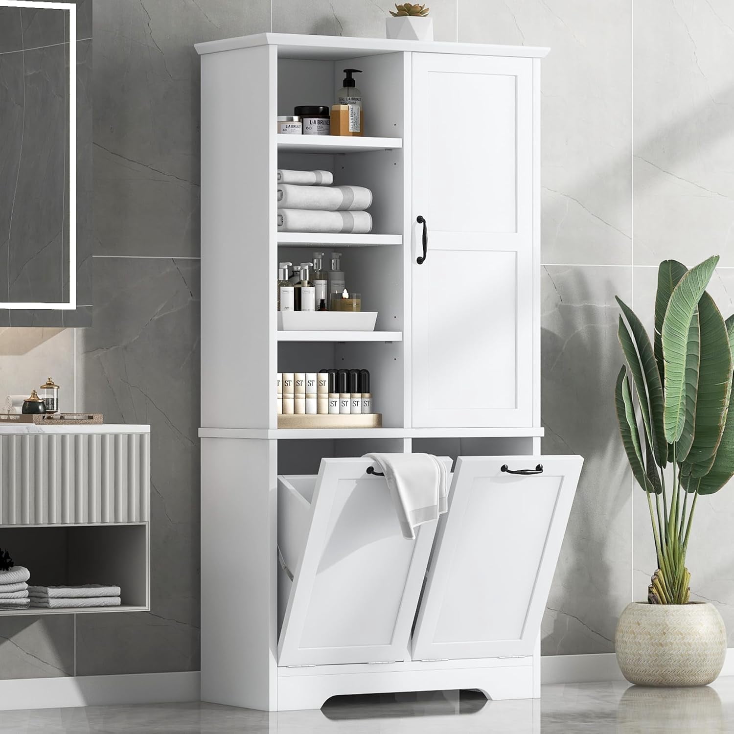 Tall Laundry Cabinet with 2 Tilt Out Laundry Hamper, Wood Bathroom ...