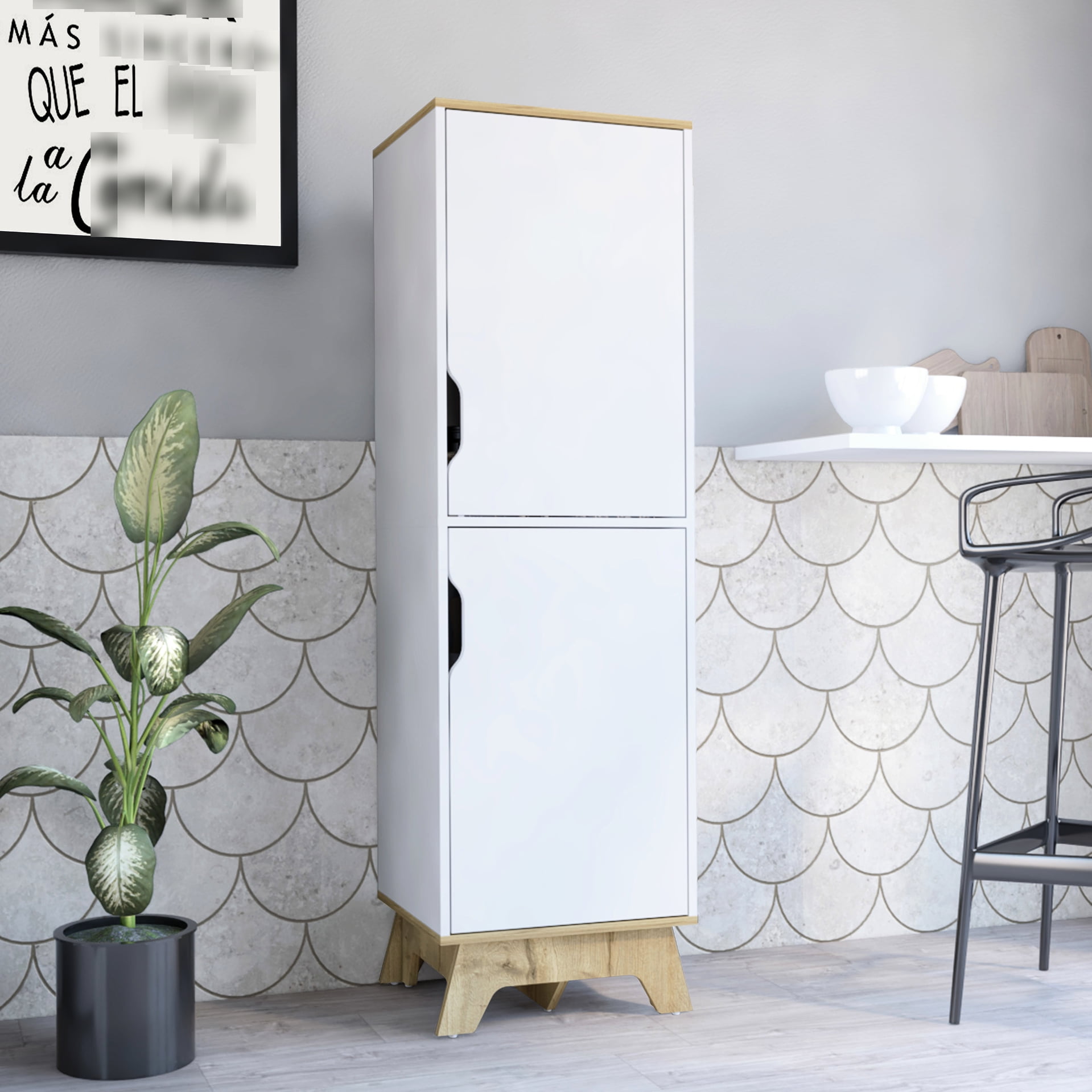 Tall Microwave Cabinet In Oak/white, Double Door Design Type, Particle ...