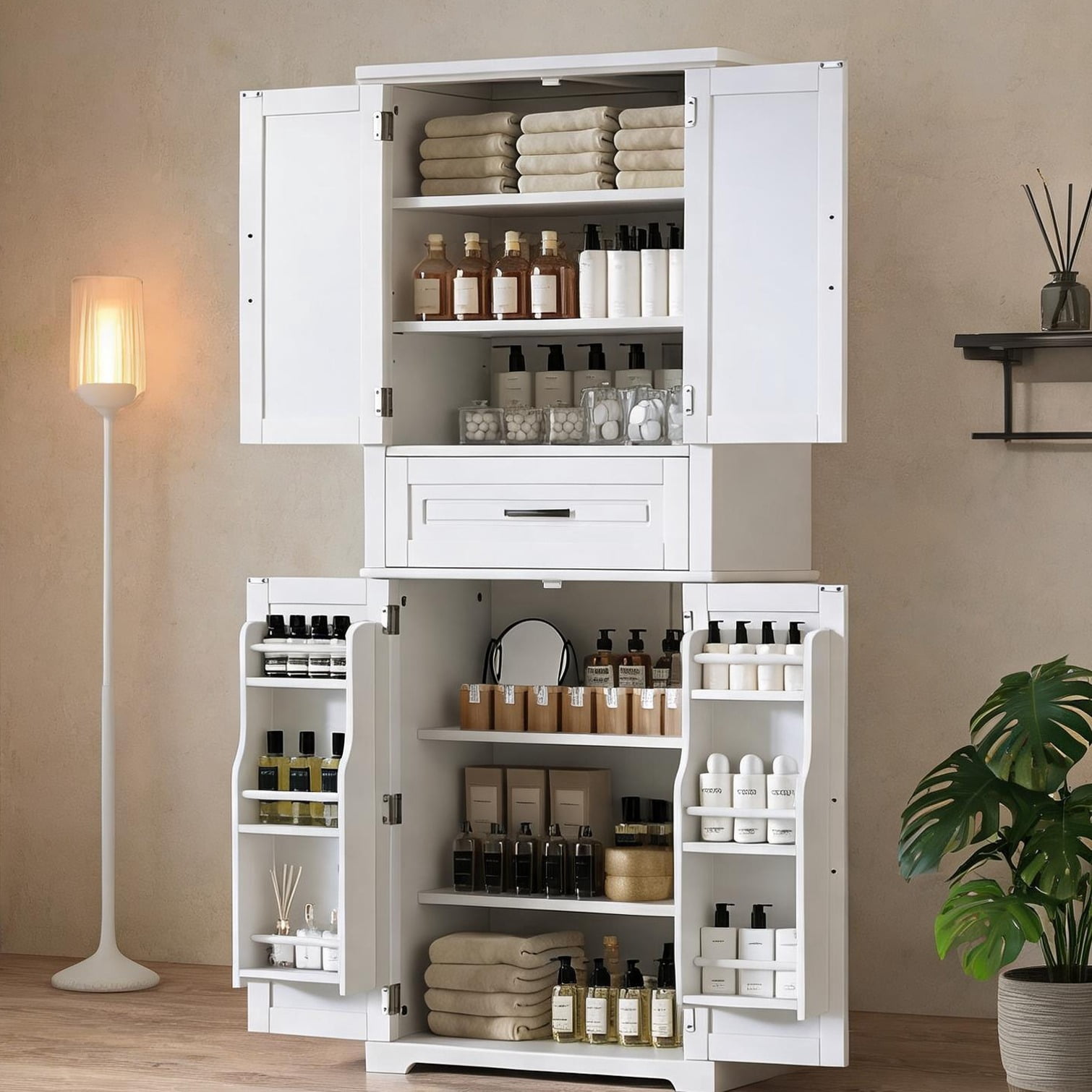 Tall Multi-Functional Bathroom Storage Cabinet, MDF Louvered Doors ...