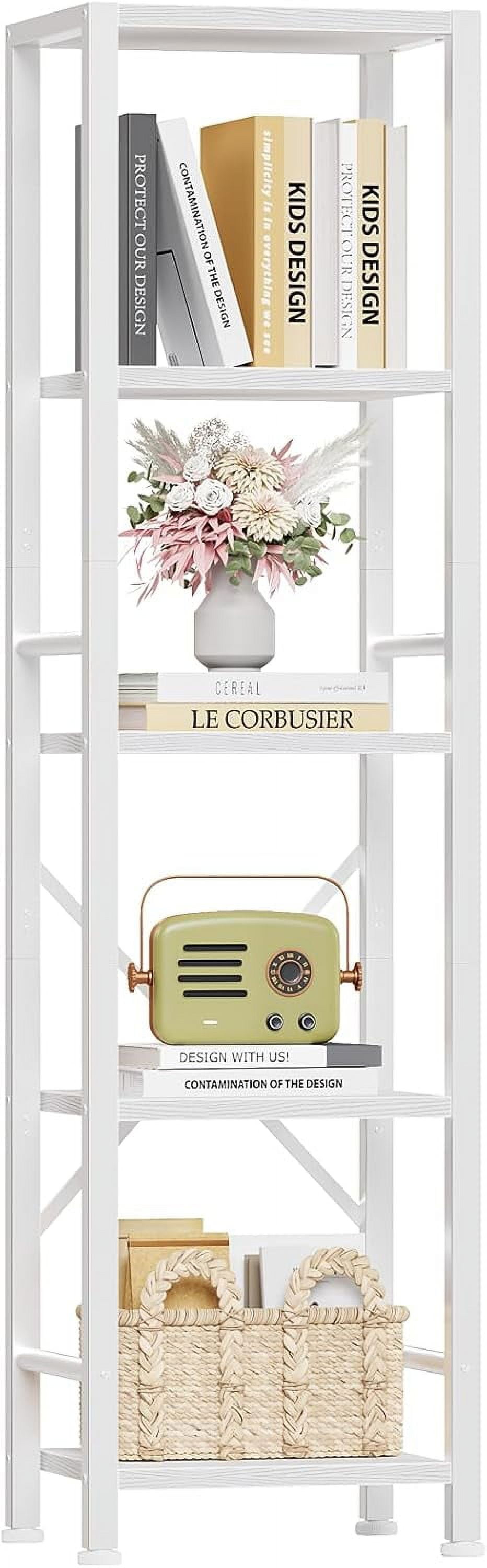 Tall Narrow 5 Tier White Bookshelf, Modern Freestanding Bookcase for ...