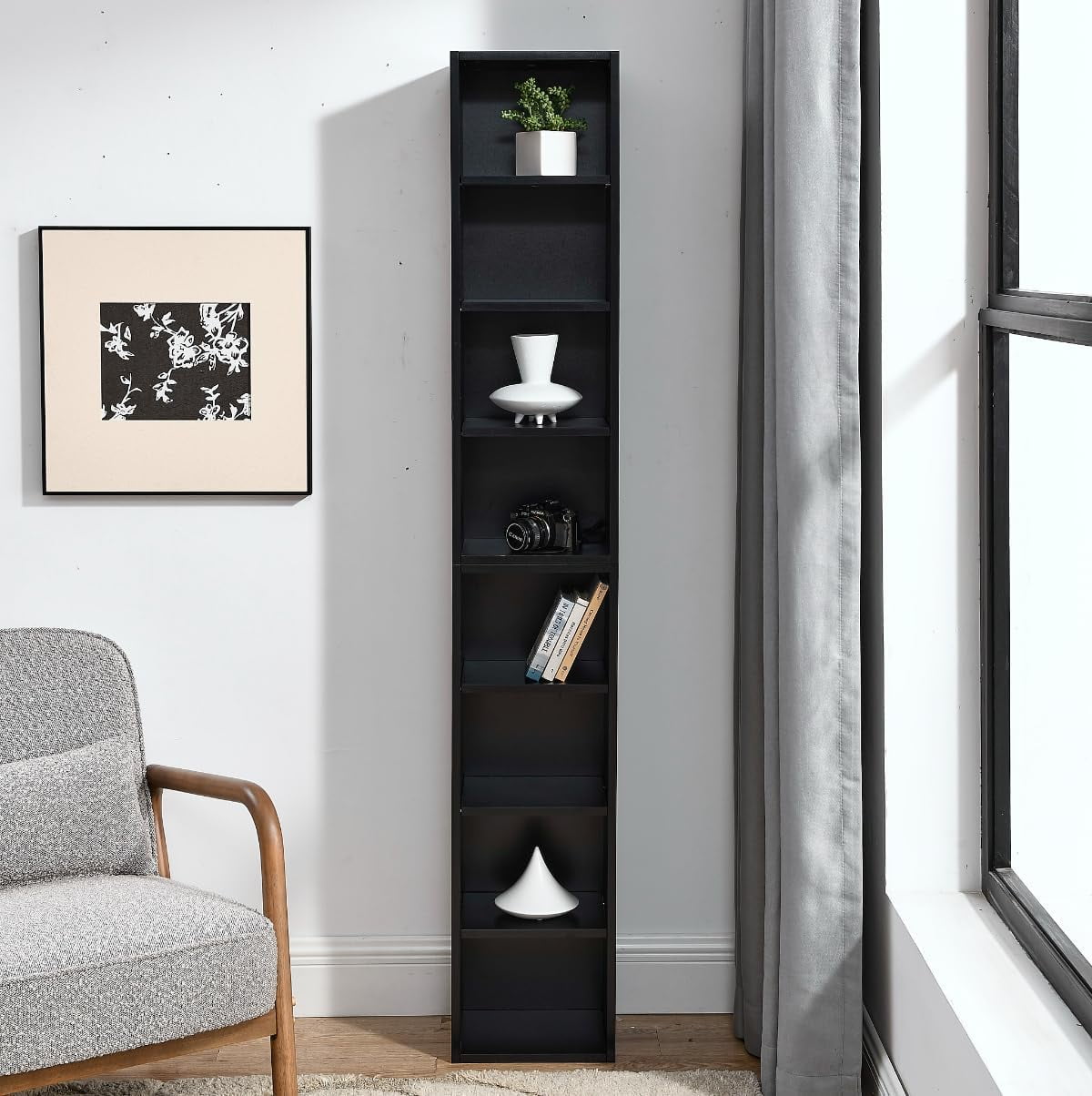 Tall Narrow Bookshelf 8-Tiers Bookcase with Adjustable Shelves Double ...