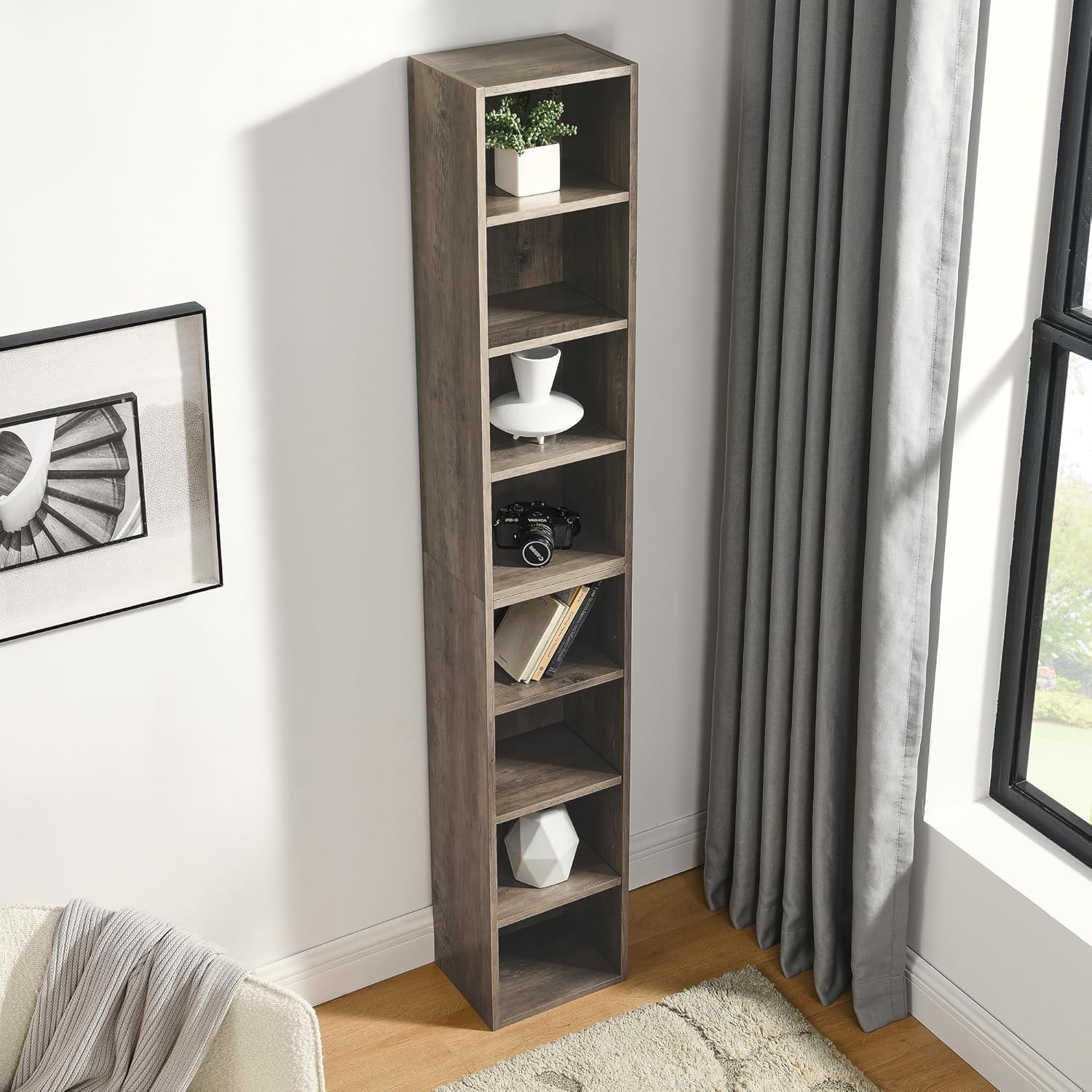 Tall Narrow Bookshelf 8 Tiers,Compact Corner Bookcase,Slim Storage ...