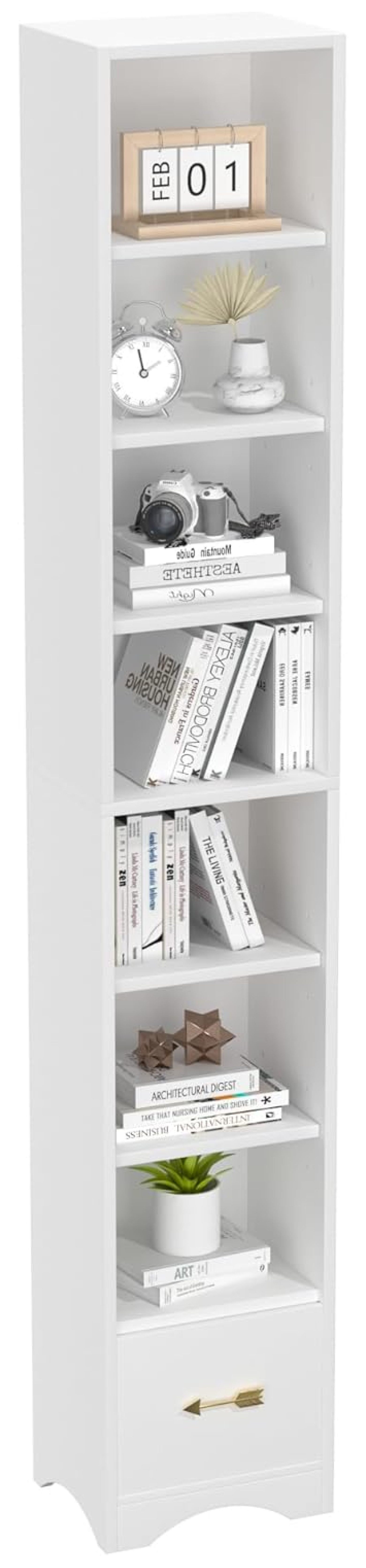 Tall Narrow Bookshelf with Adjustable Shelves, Slim Storage Cabinet ...