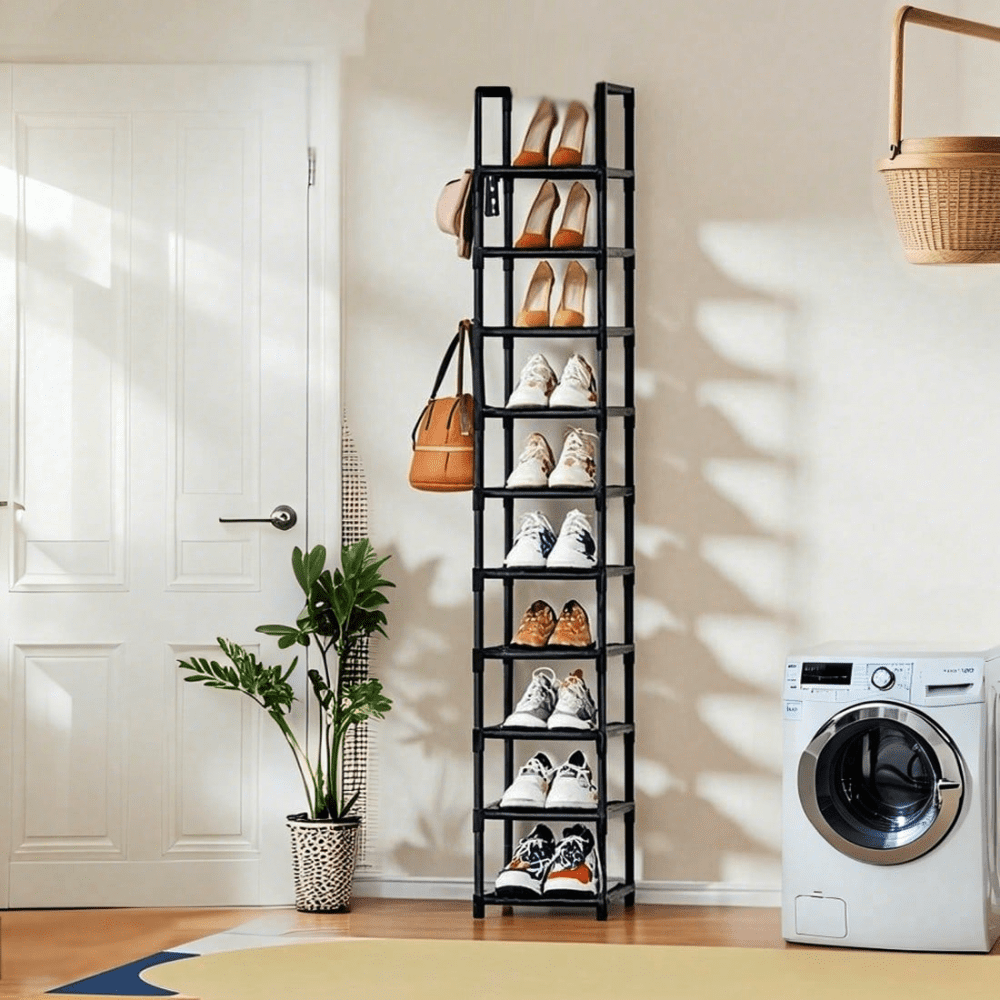 Tall Narrow Shoe Rack 10 Tiers With Hooks, Sturdy Metal Shoe Rack ...