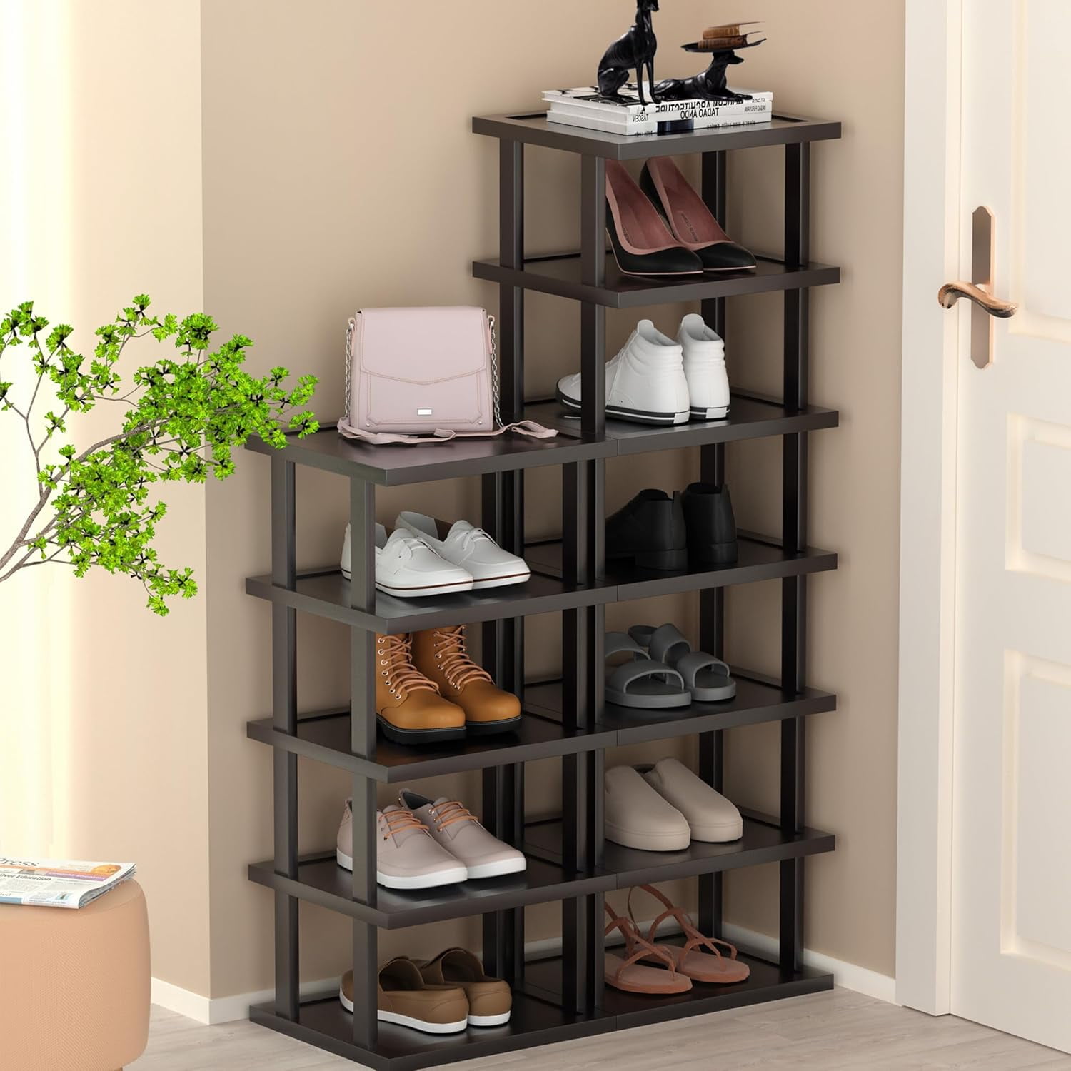 Tall Narrow Shoe Rack Organizer for Small Spaces,12 Tier Bamboo Shoen ...