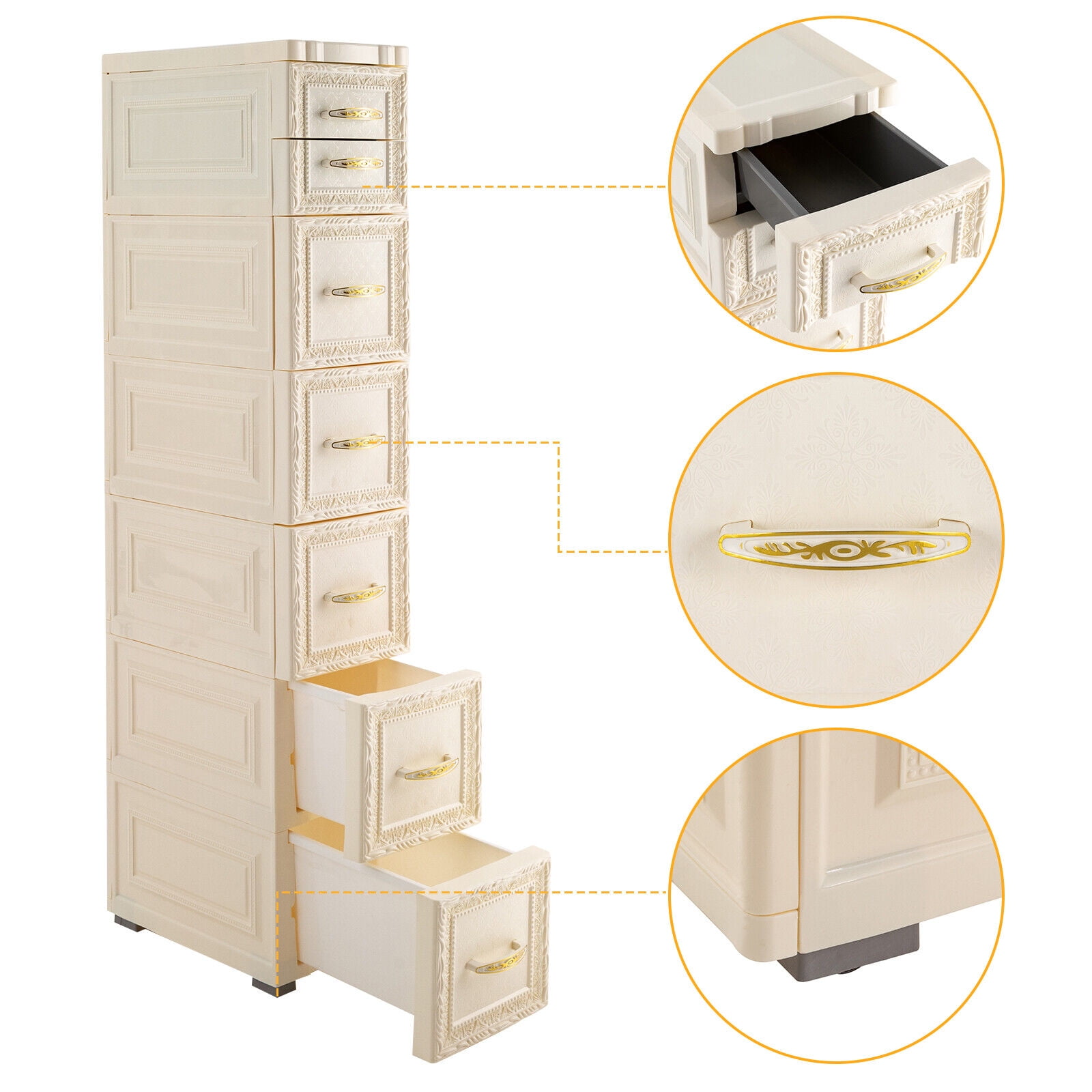 Tall Narrow 8 Drawer Storage Tower Cabinet with 7 Shelves Modern Style