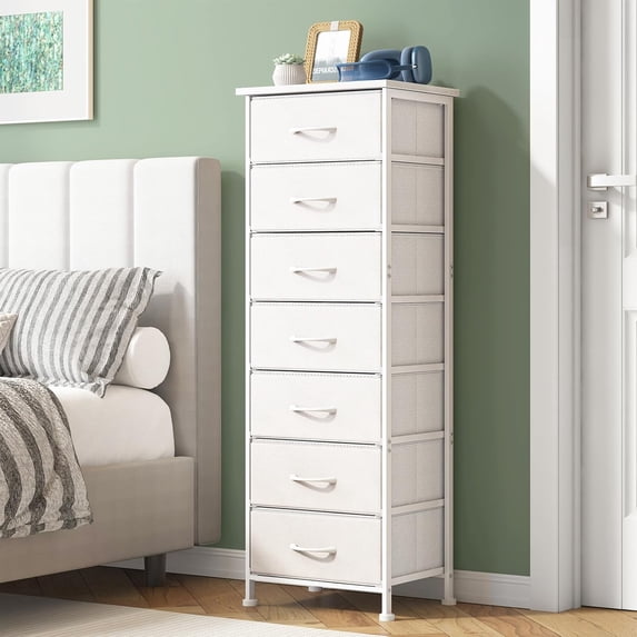 Tall Narrow White Dresser for Bedroom, Storage Organizer with 7 Fabric ...