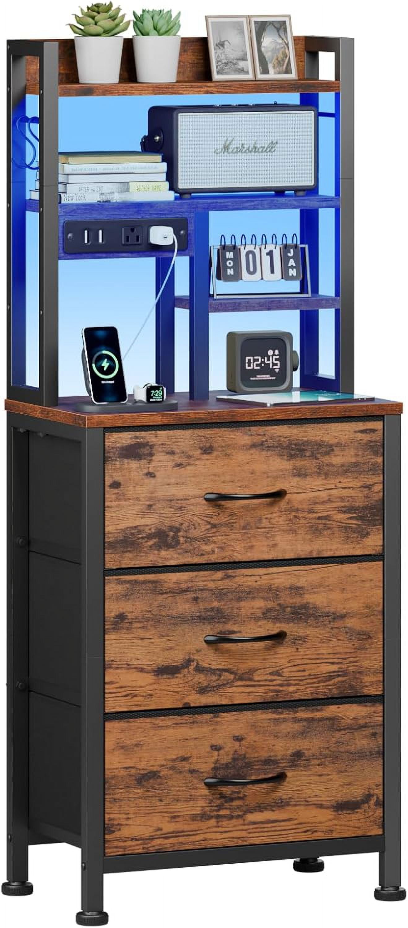 Tall Night Stand with 3 Fabric Drawers and LED Lights, Nightstand with ...