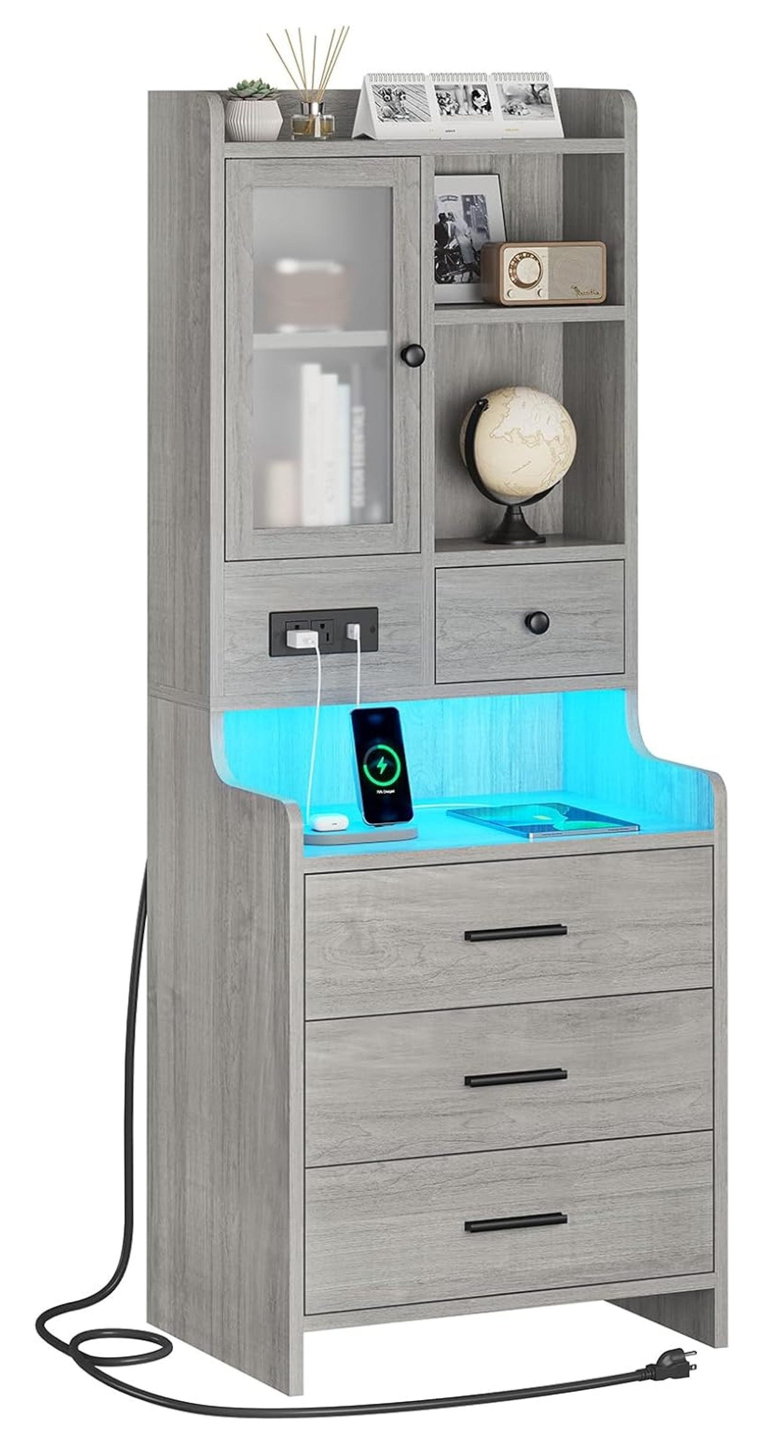 Tall Night Stand with Charging Station and LED Lights,49.2" Nightstand ...