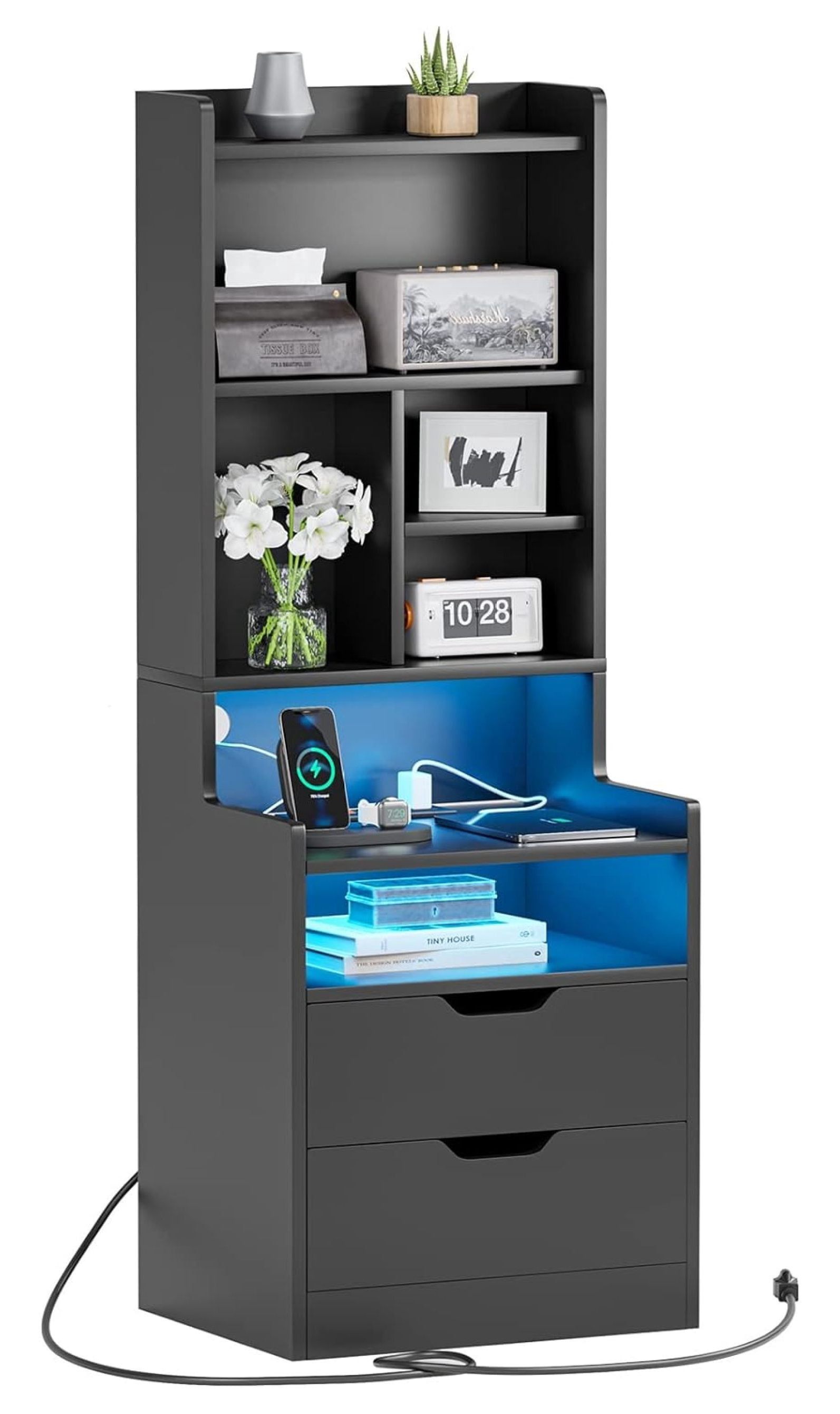 Tall Night Stand with Charging Station and LED Lights,Nightstand with ...