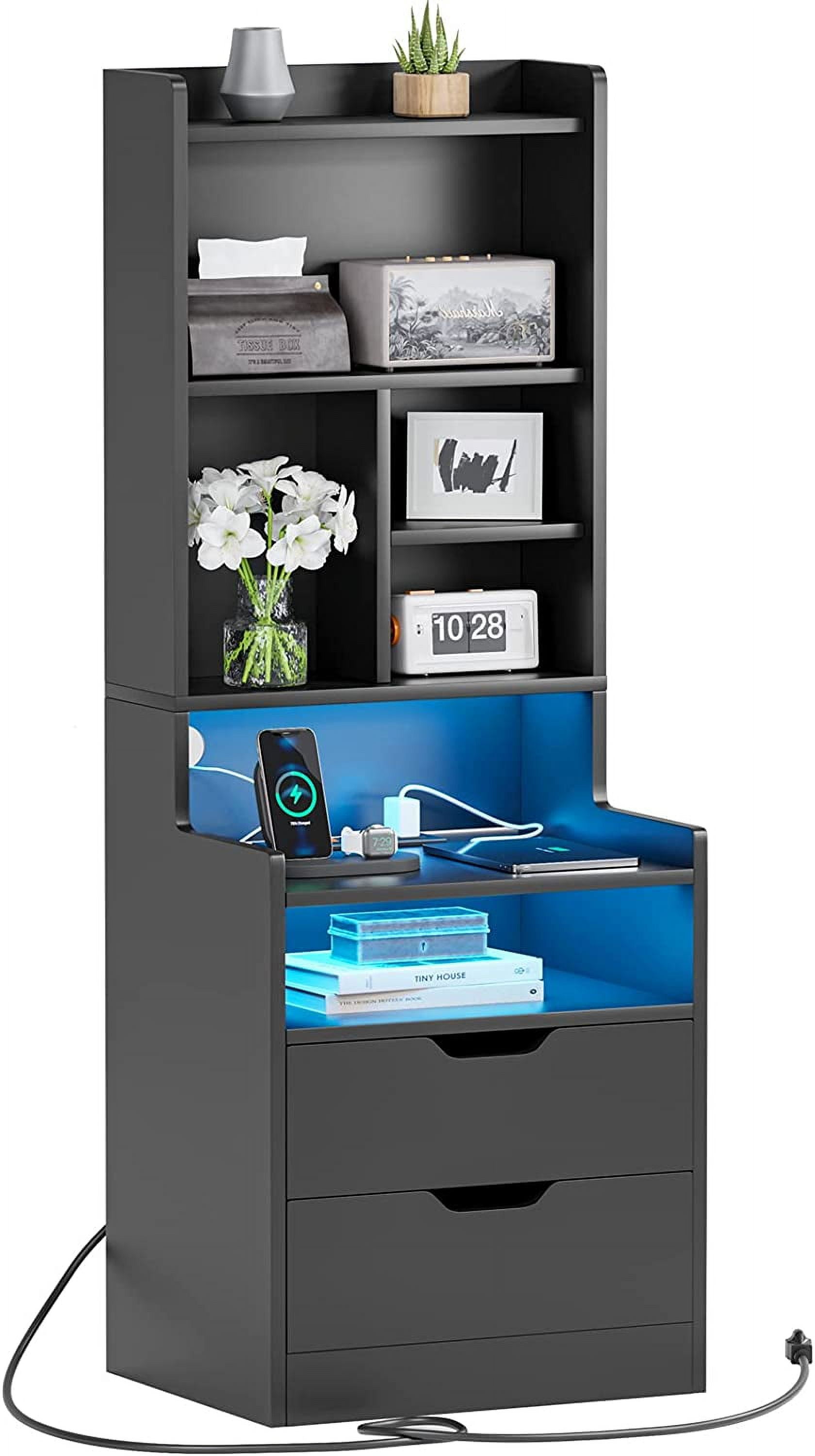 Tall Night Stand with Charging Station and LED Lights,Nightstand with ...