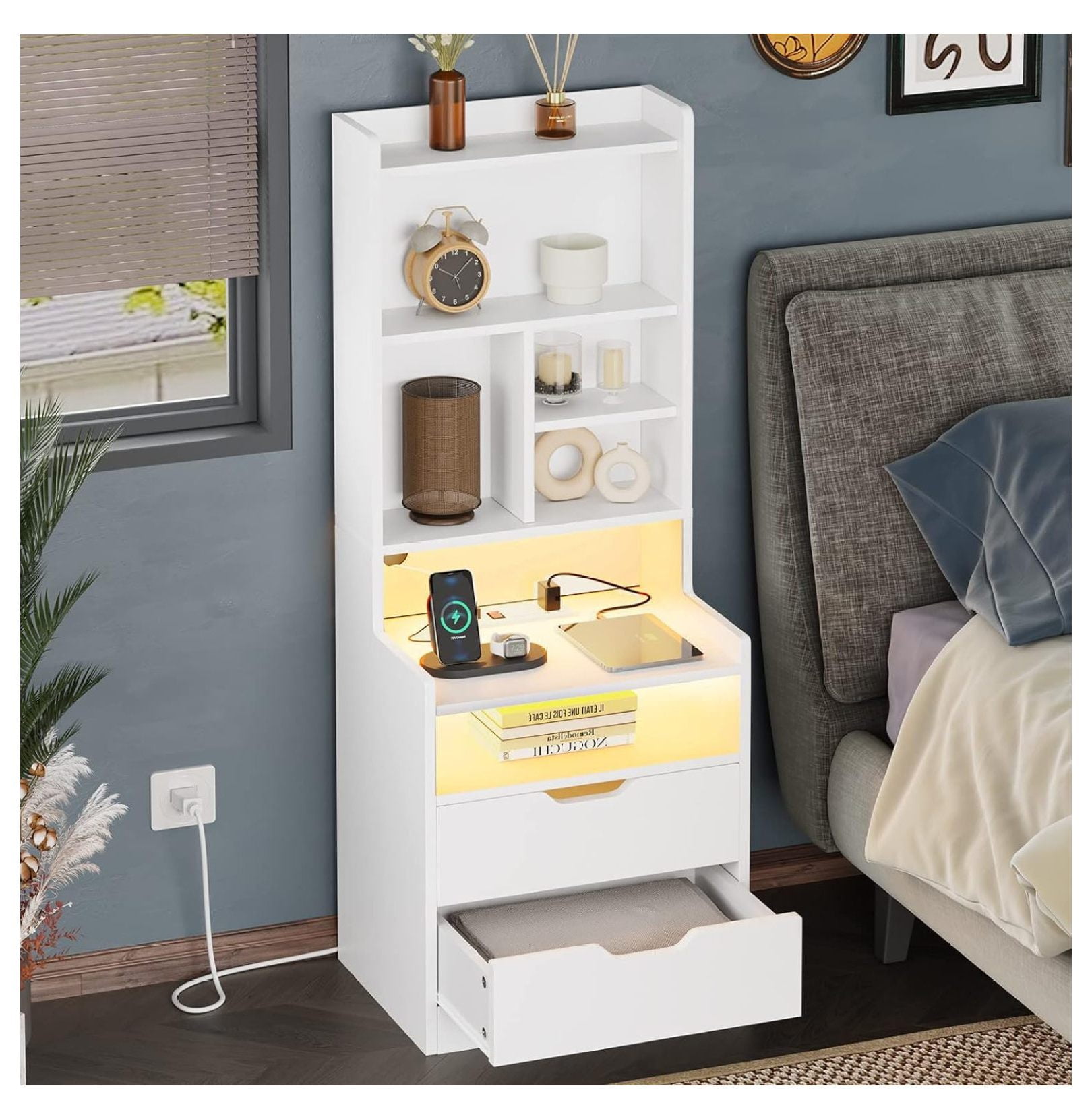 Tall Night Stand with Charging Station and LED Lights,White Nightstand ...