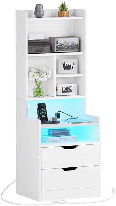 Tall Night Stand with Charging Station and LED Lights,White Nightstand ...