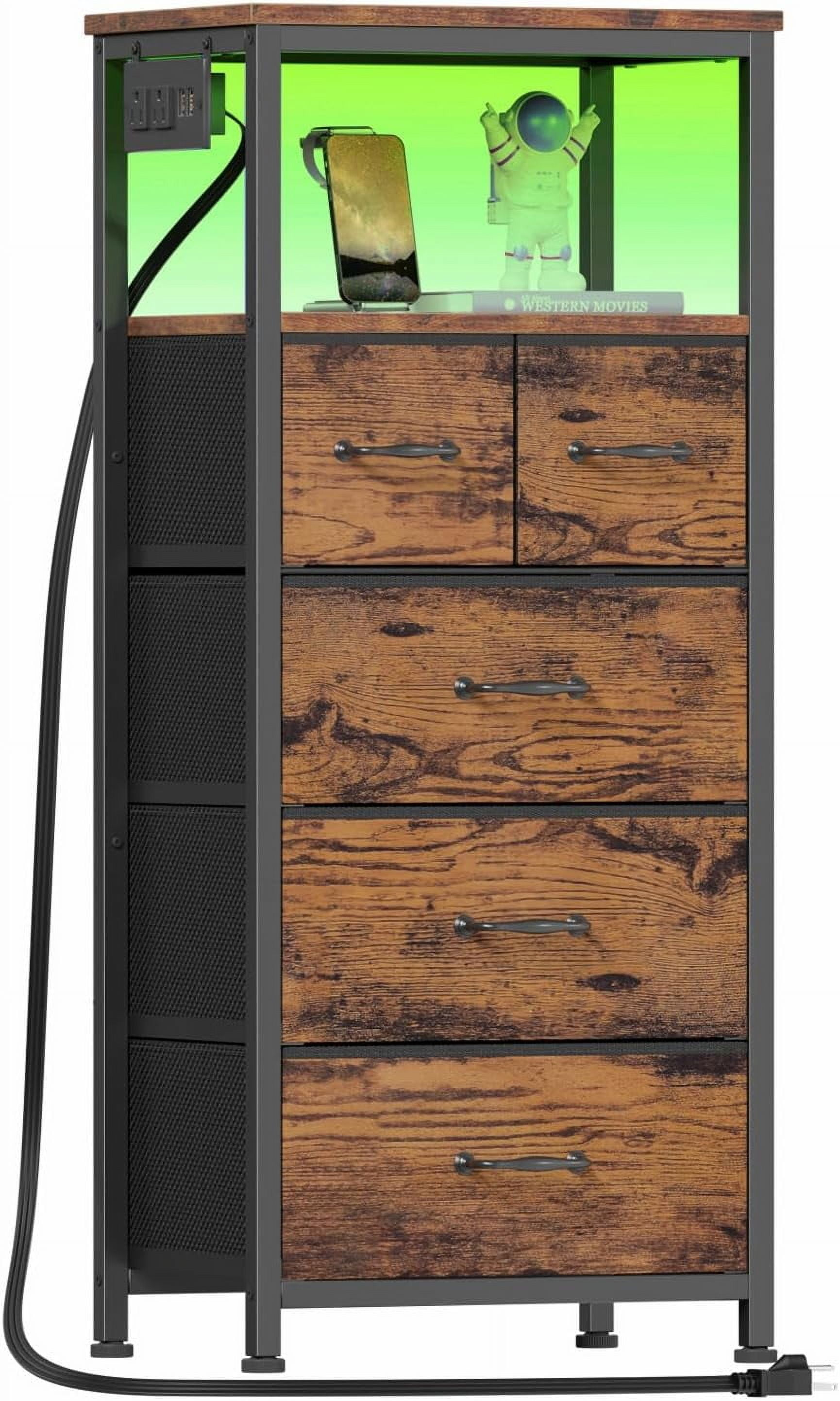 Tall Night Stand with Charging Station and Led Light, Small Dresser ...