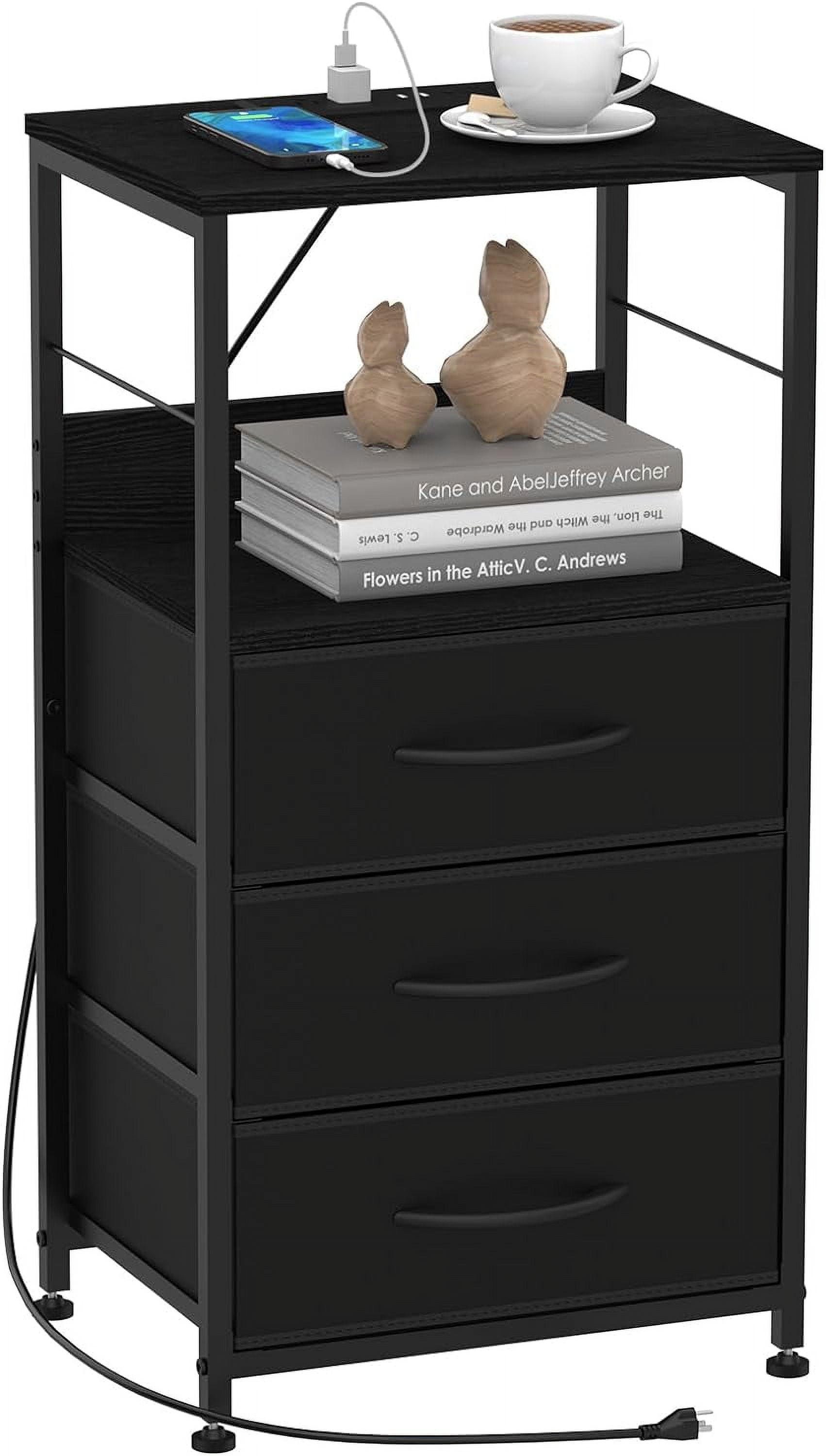 Tall Night Stand with Drawers, Black Nightstand with Charging Station ...