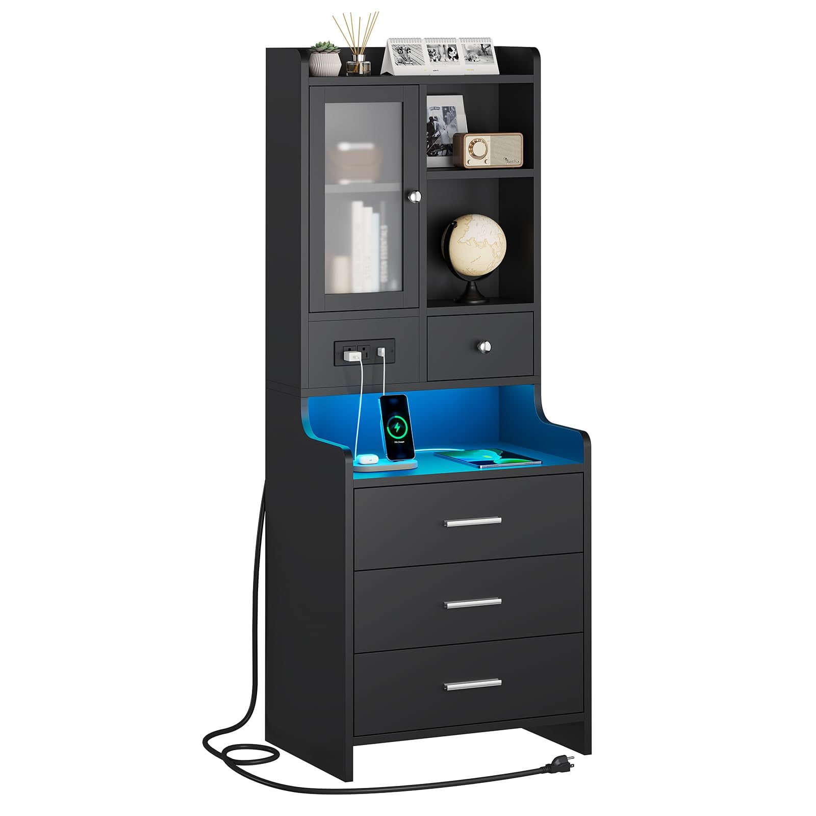 Tall Night Stand with Charging Station and LED Lights,49.2" Nightstand ...