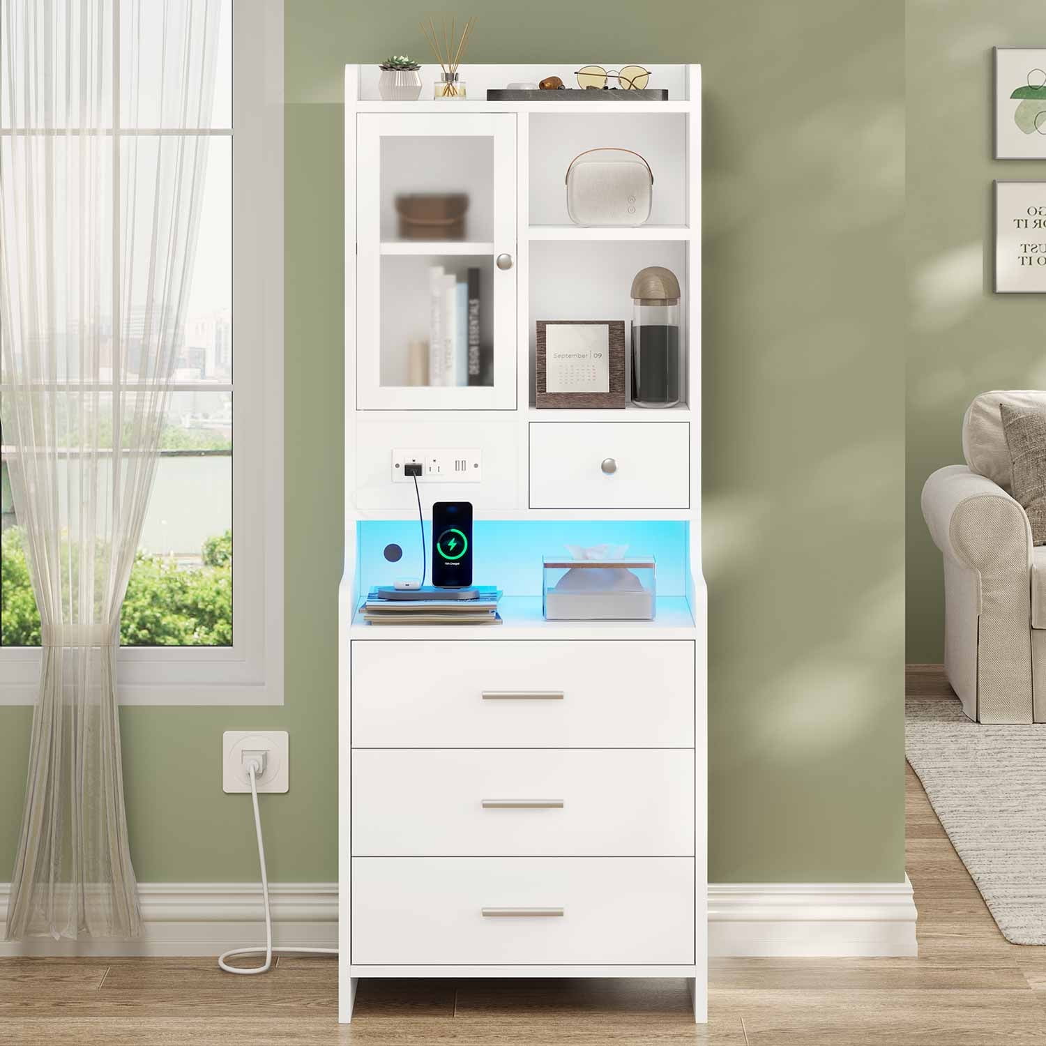Tall Night Stand with USB Port Charging and LED Lights,White Nightstand ...